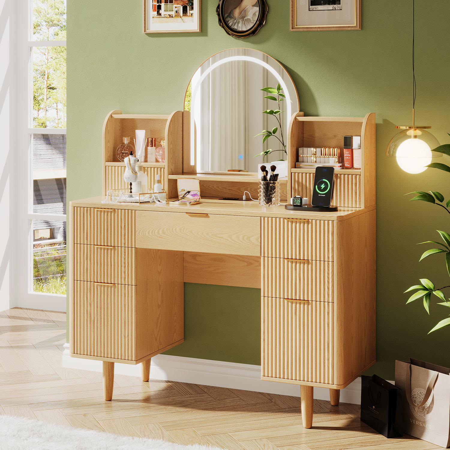 Ivy Bronx Makeup Vanity Desk With Lighted Mirror, 7 Drawers And 2 ...
