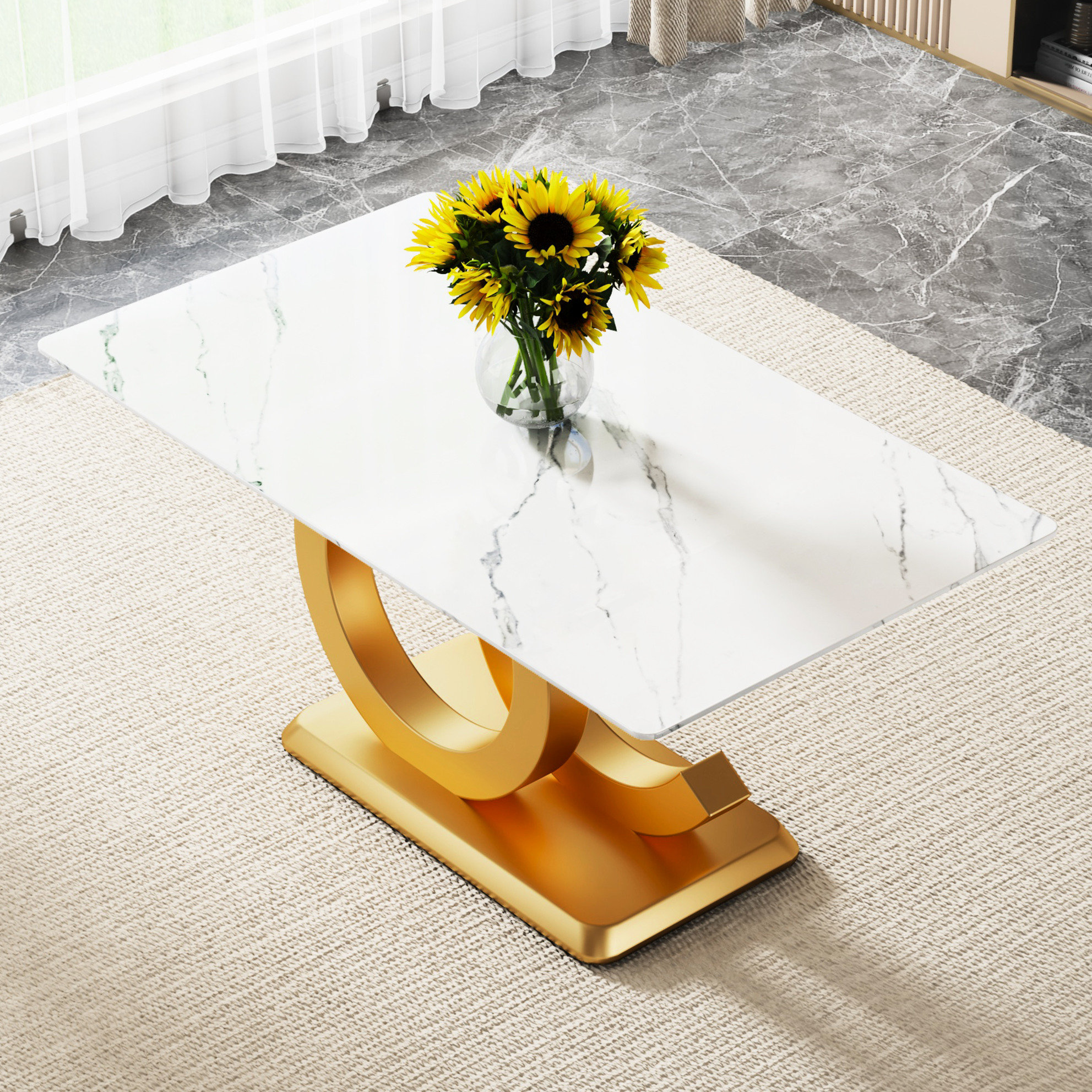 Mercer41 6-8 Person Large Table With Gold Oc Shaped Brackets, White ...