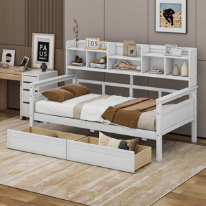 Cosmic Bookcase Wood Daybed with Bedside Shelf and Two Drawers ...