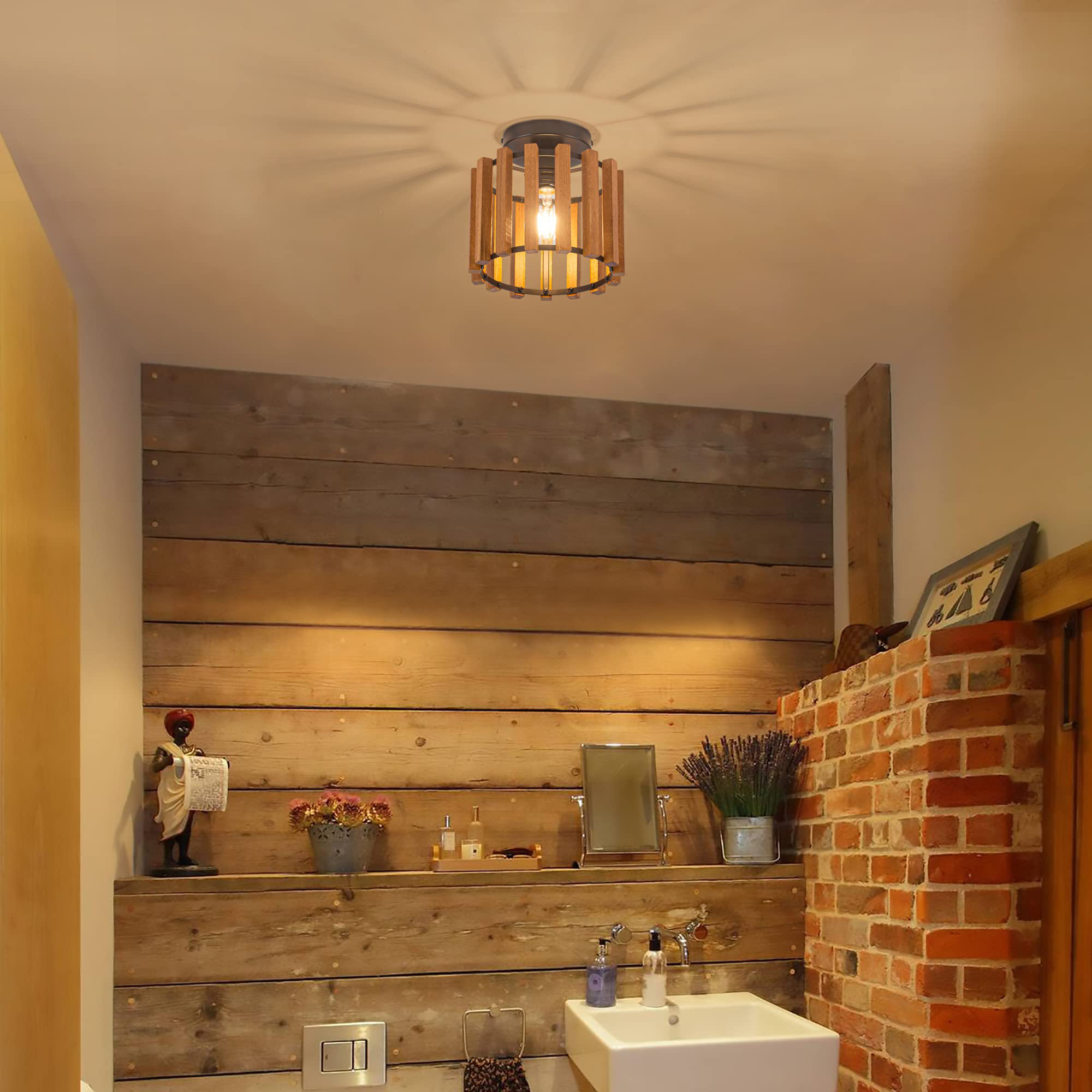 TOBLIB Rustic Oak Wood Flush Mount Light Fixture - Wayfair Canada