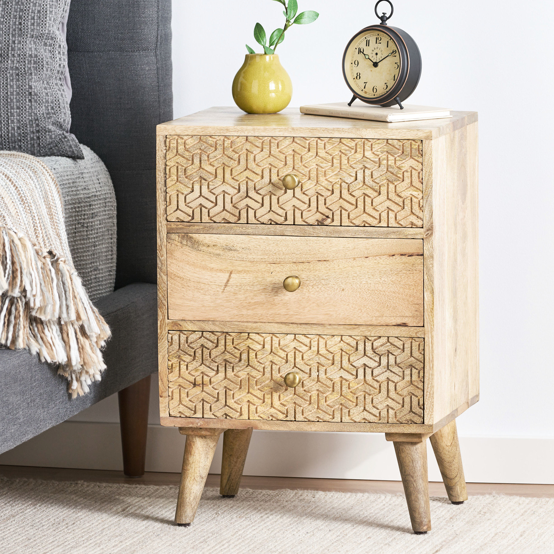Dakota Fields 3 Mango Wood Nightstand With Fashionable Geometric Lines ...