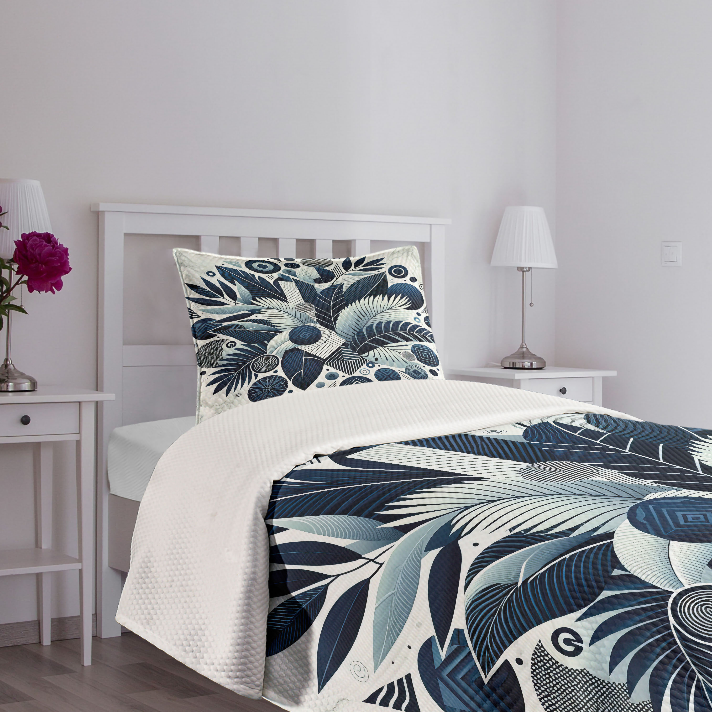 Ambesonne Navy Blue Bedspread Set Leaves Palms and Circles Dark Slate ...