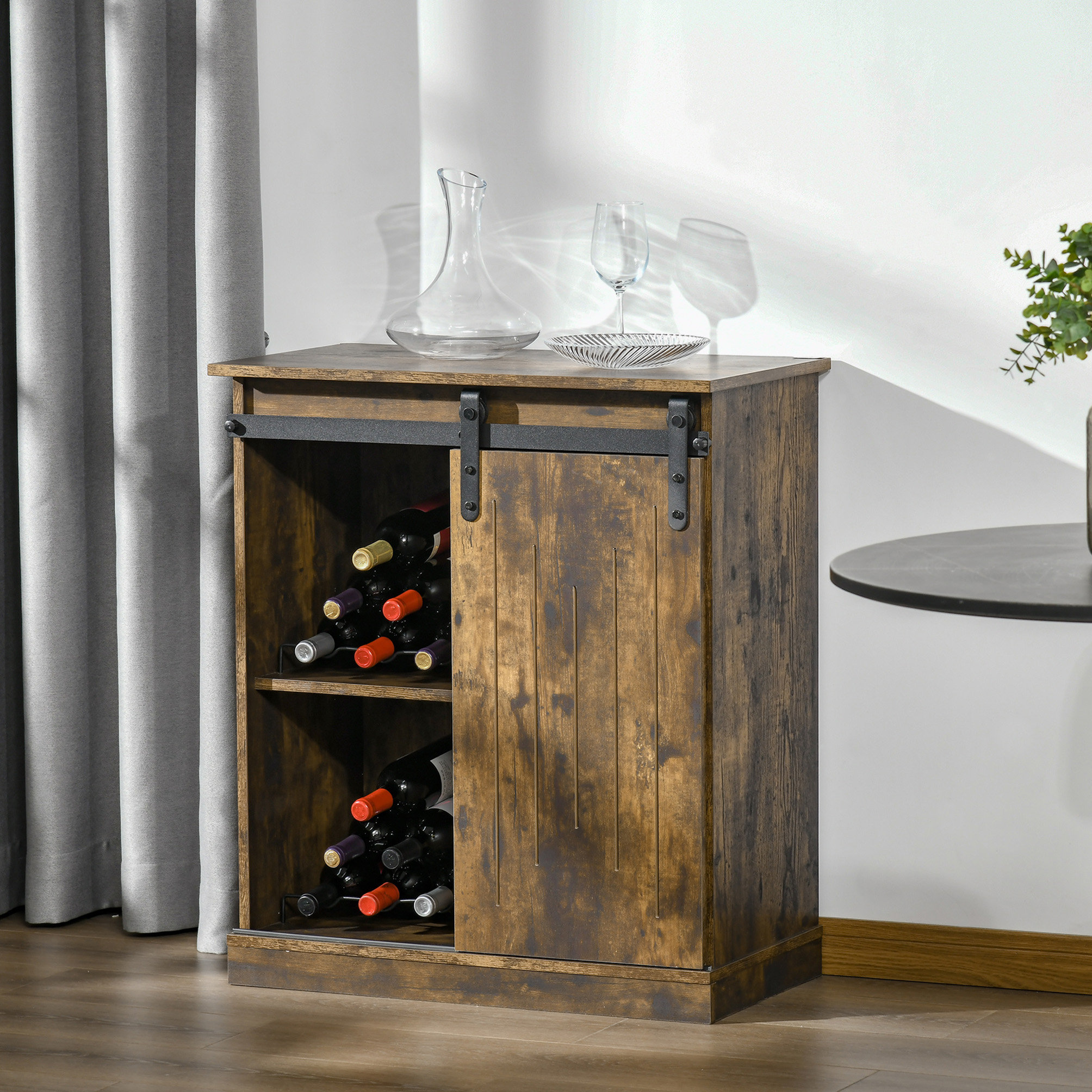 Gracie Oaks Serving Bar Buffet with Sliding Barn Door and 6-Bottle Wine ...