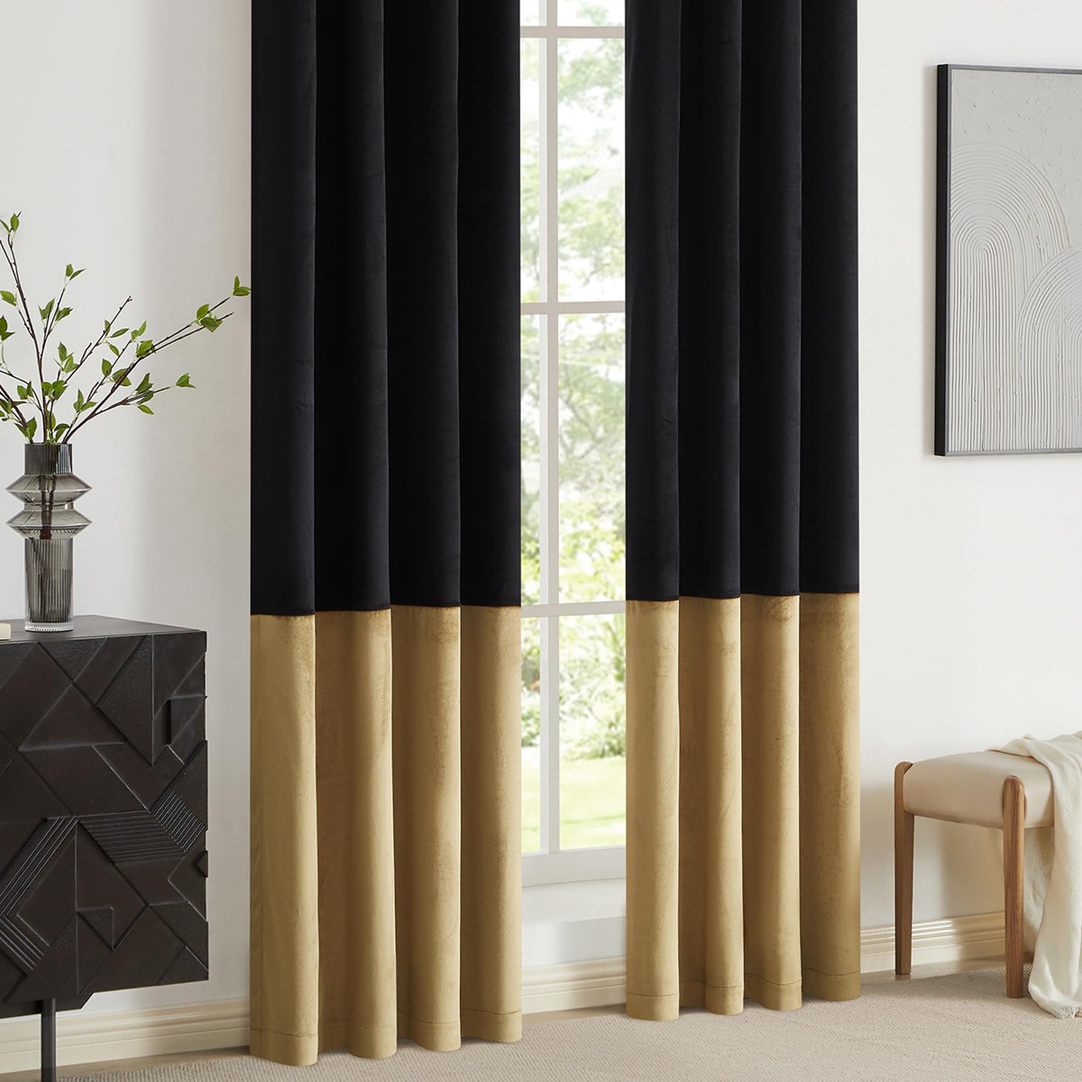 Everly Quinn Black Gold Color Block Window Curtains Panels 84 Inches ...