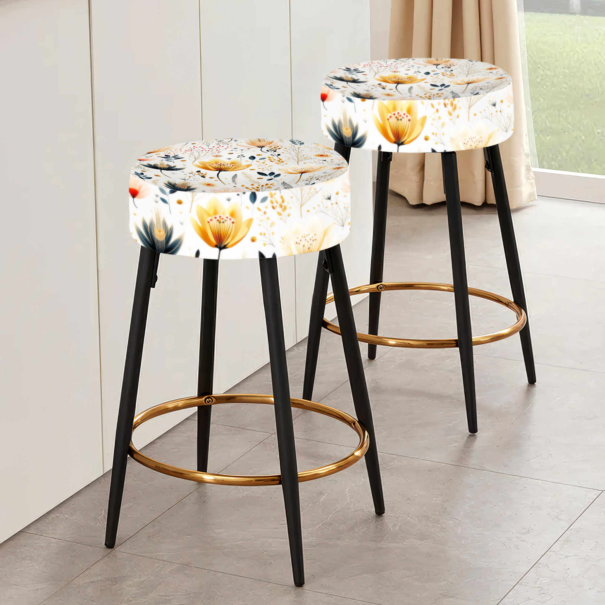 Design Art Cottage Elegant Yellow Floral Meadows - Floral Bar Stools ...