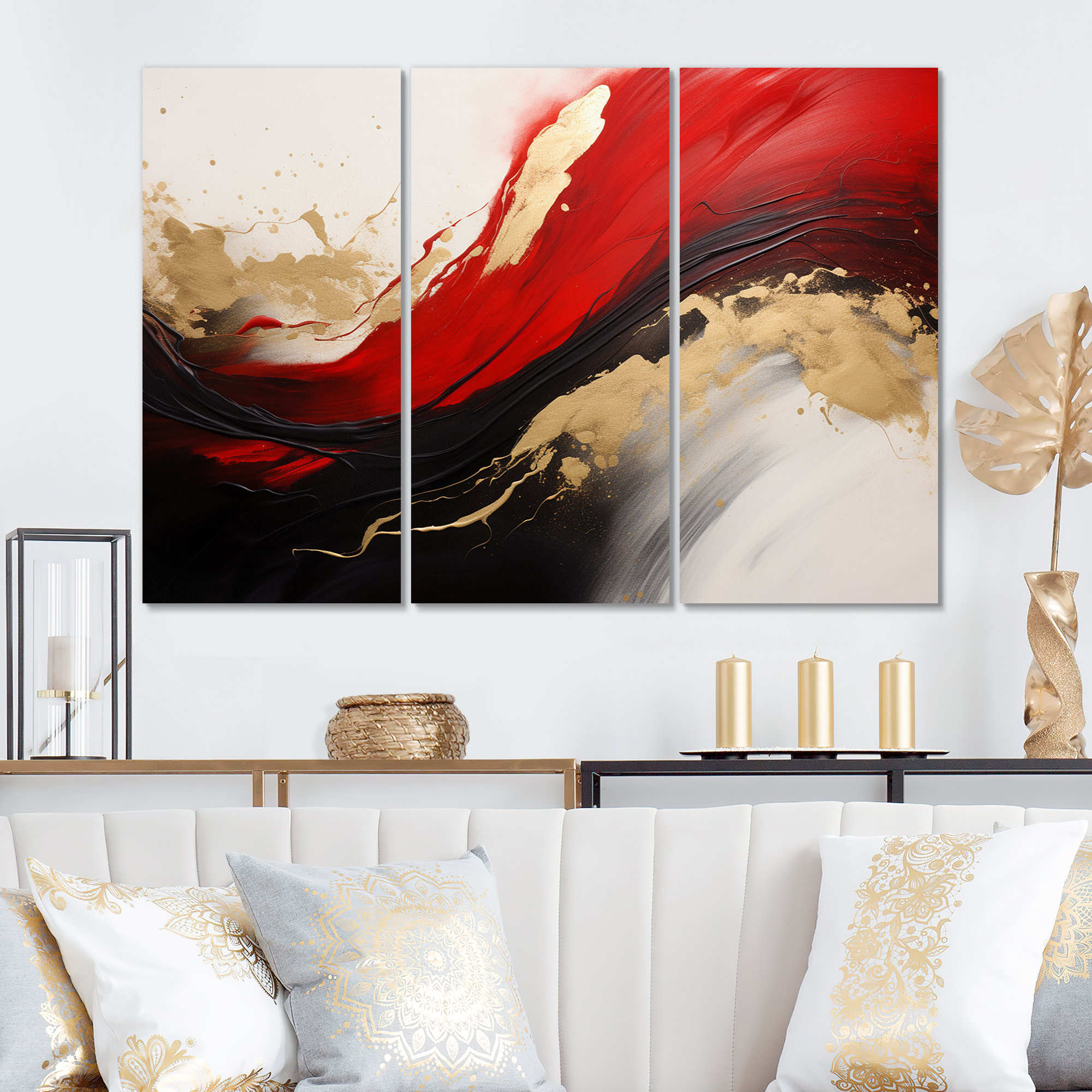 Ivy Bronx Midnight Passion Abstract Wave Scarlet & Gold II 3 Pieces ...