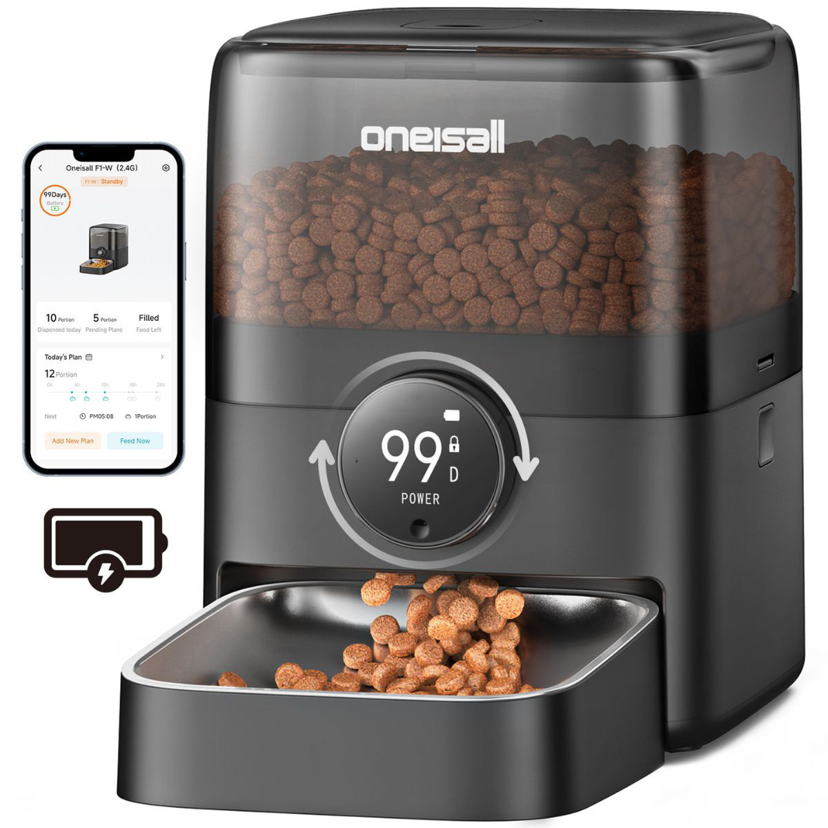 Oneisall PF-06 Cordless WiFi Automatic Cat Feeder, Rechargeable 100-Day ...