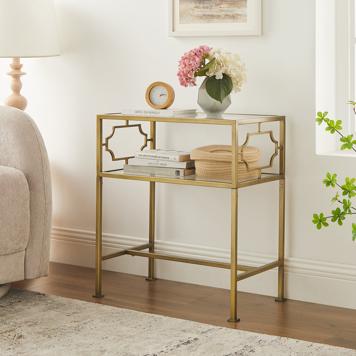 Mercer41 Gretna Rectangular Antique Gold Metal And Glass Accent Table ...