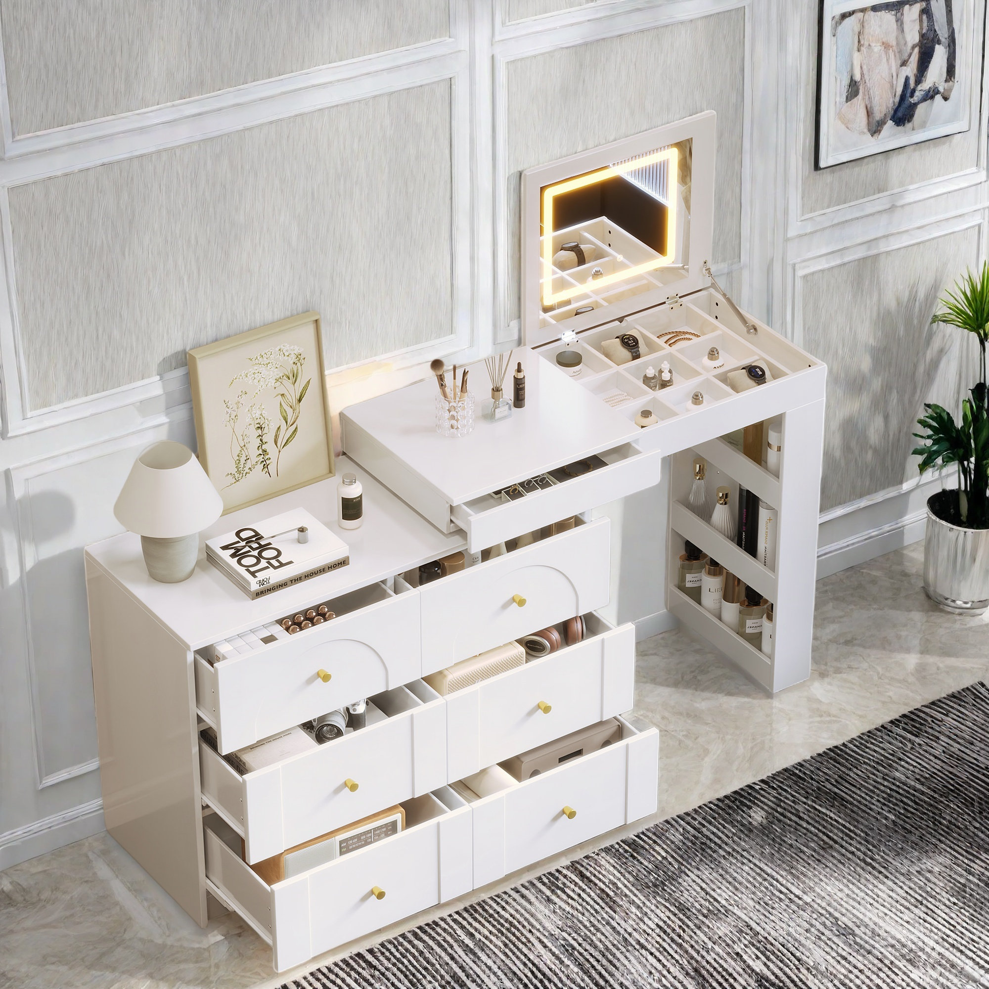 Everly Quinn Convertible Makeup Vanity Table With Flip-top Tabletop, 7 ...