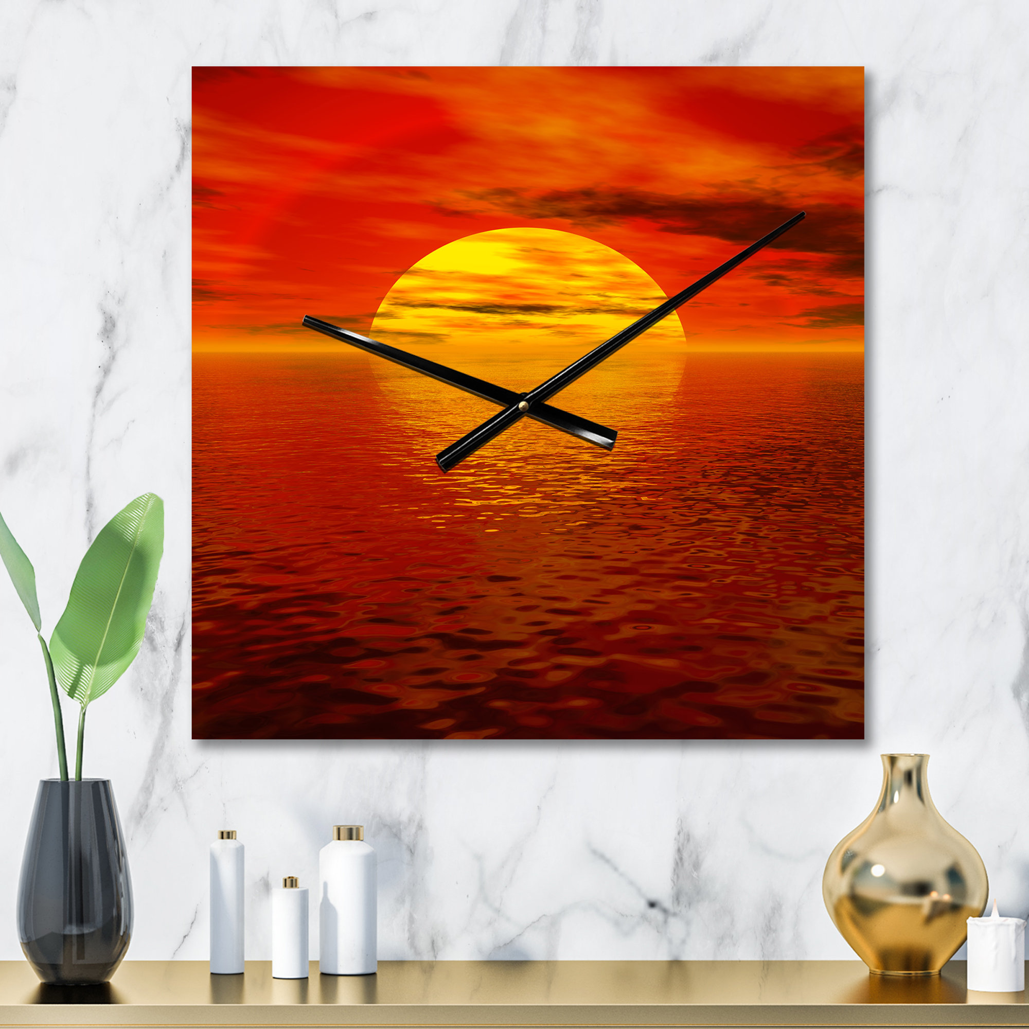 East Urban Home Sun Falling to Yellow Ocean - Modern Wall Clock | Wayfair