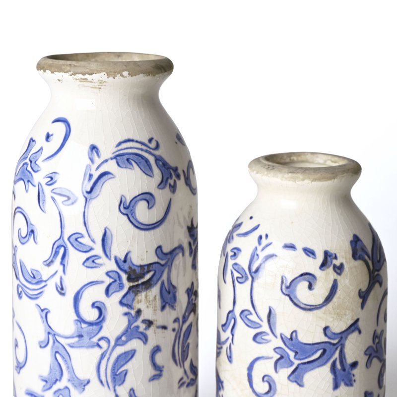 VICTOR & TERESA 7.9 Inch 2Pcs Rustic Blue And White Ceramic Vase Set ...
