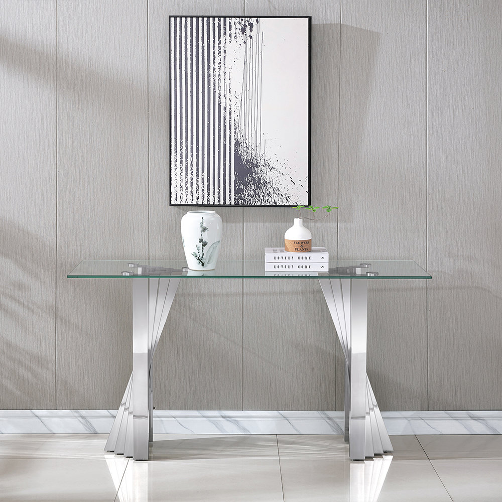 Everly Quinn Tempered Glass Top Console Table with Mirror Finish ...