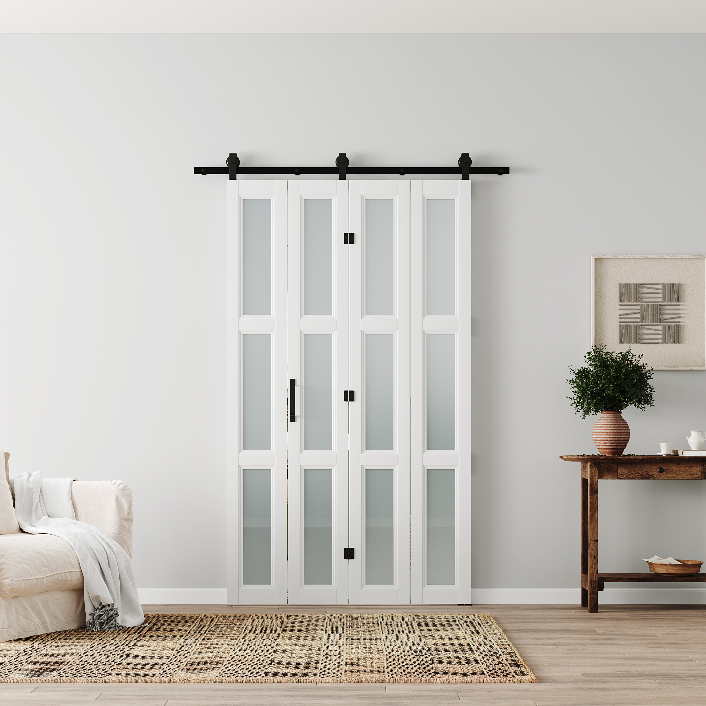 CHIC MODE 3 Lite Frosted Wood Bi-Fold Barn Door With Hardware Kit ...