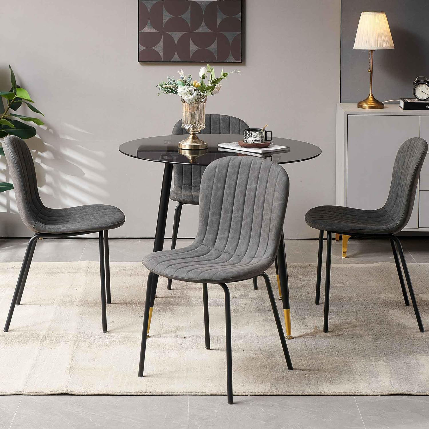 NORDICANA Glass Round Dining Table Set With Side Chairs For 4 People ...