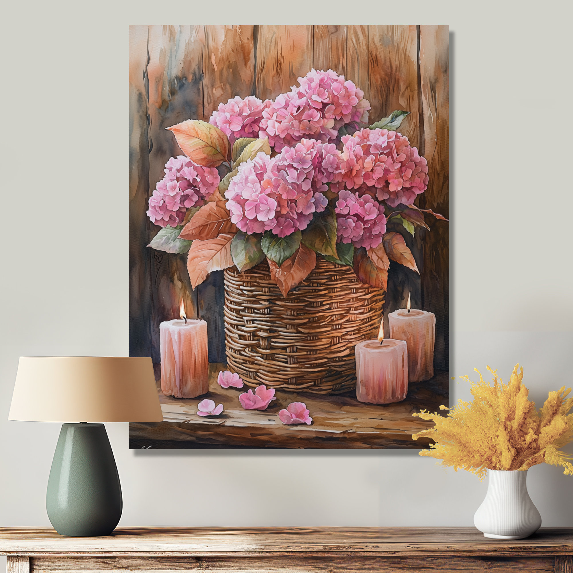 August Grove® Hydrangeas In A Woven Basket With Candle I - Traditional Metal Art Print ...