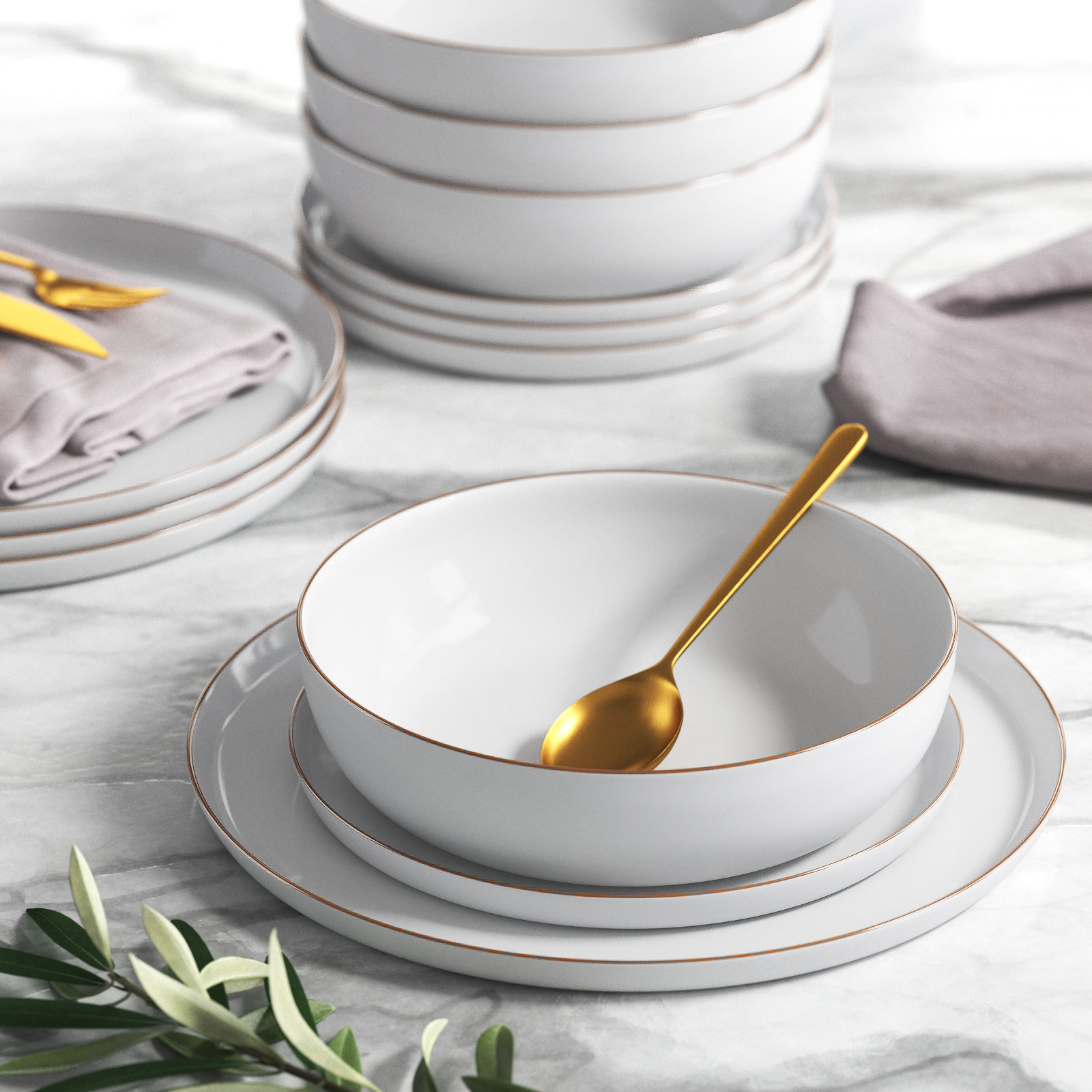 Birch Lane™ Sable Stone Lain 12-Piece Dinnerware Set Bone China ...