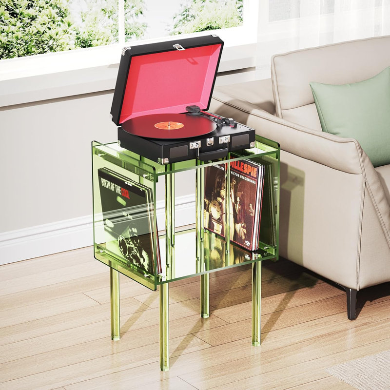 Orren Ellis Acrylic Record Player Stand With Storage - Clear Pink/Green ...