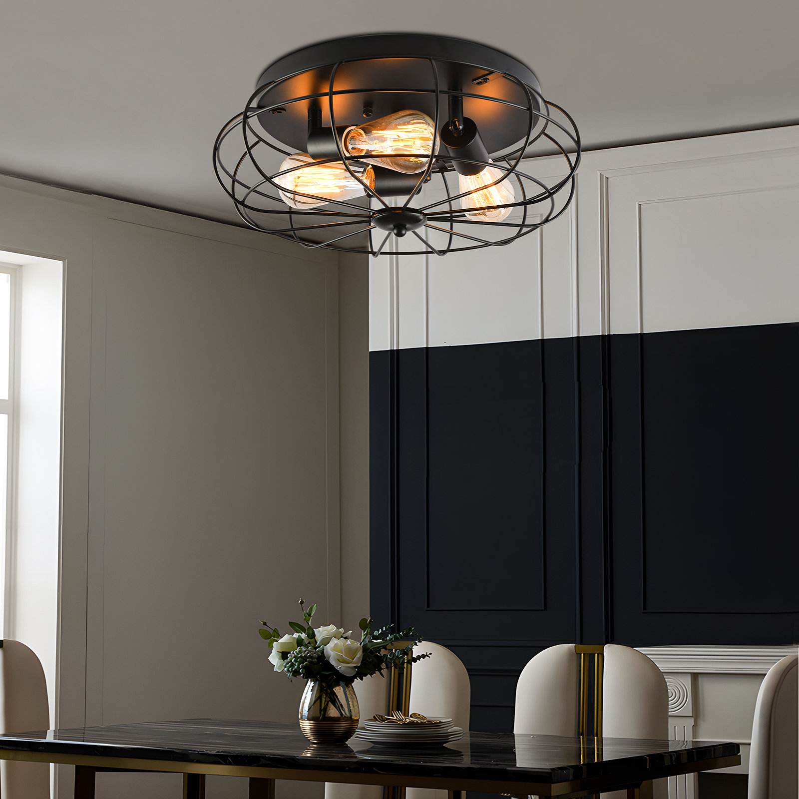 17 Stories Petria 3-light Matte Black Modern Cage Flush Mount | Wayfair