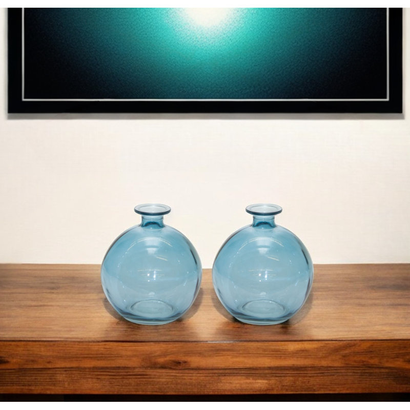 HomeRoots Set of Two Blue Glass Round Table Vase | Wayfair