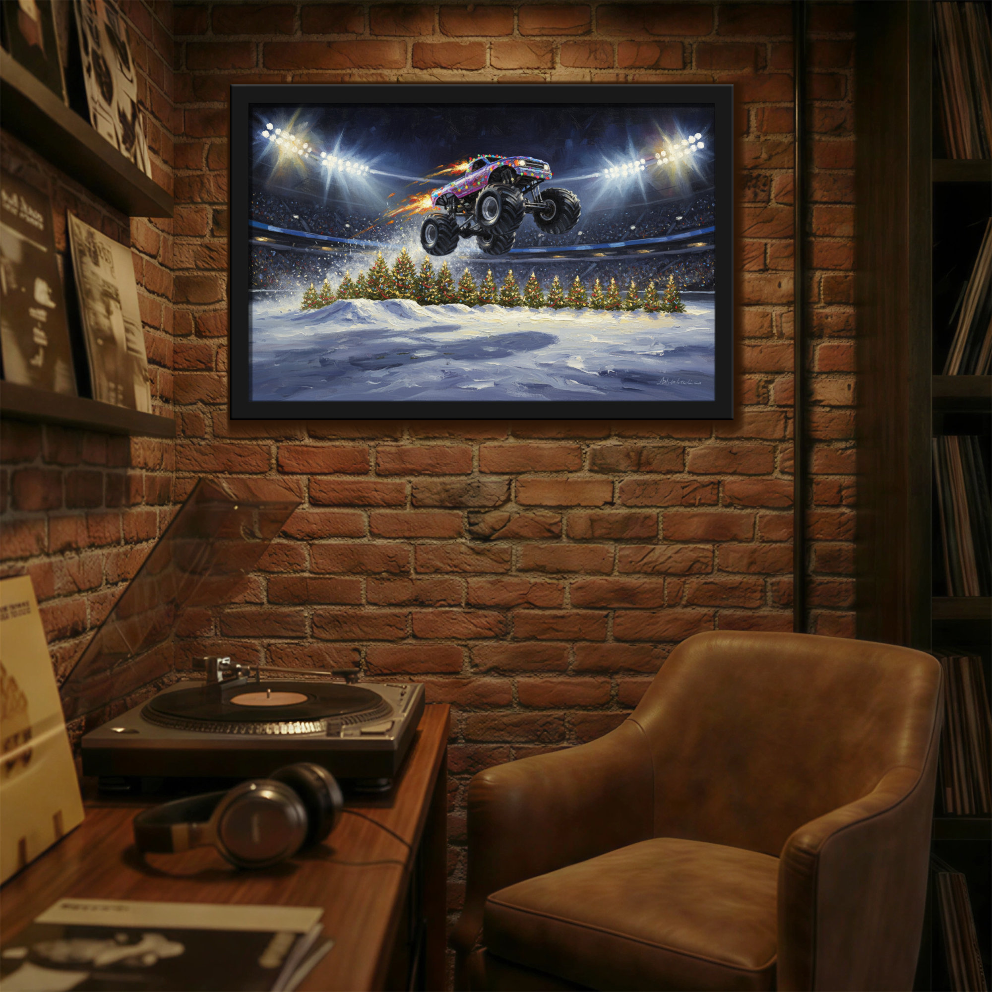 Red Barrel Studio Christmas Monster Truck Leaps Over Christmas Trees ...