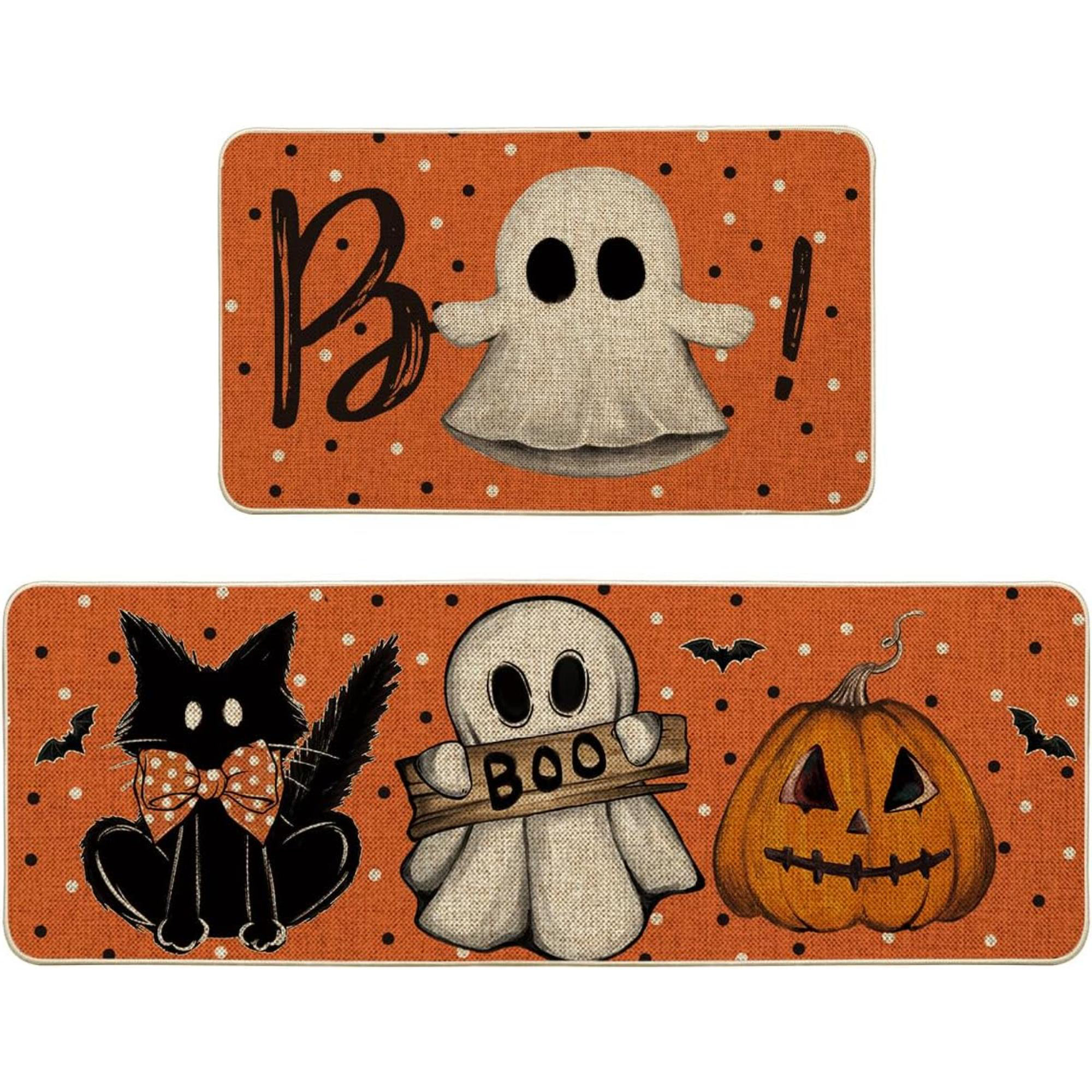 The Holiday Aisle® Ghost Pumpkin Cat Boo Orange Halloween Kitchen Mats ...