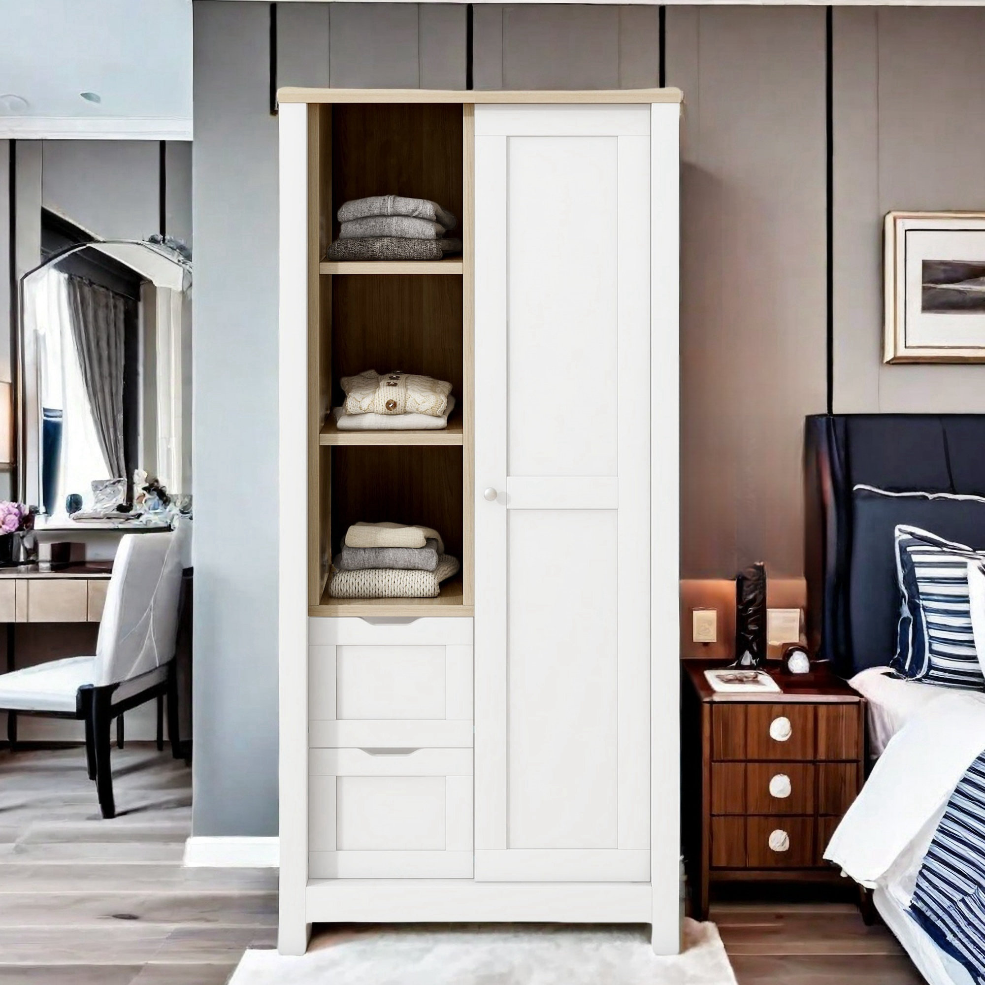 Lark Manor Wardrobe With Hanging Rods, 2 Drawers, Open Shelves And ...