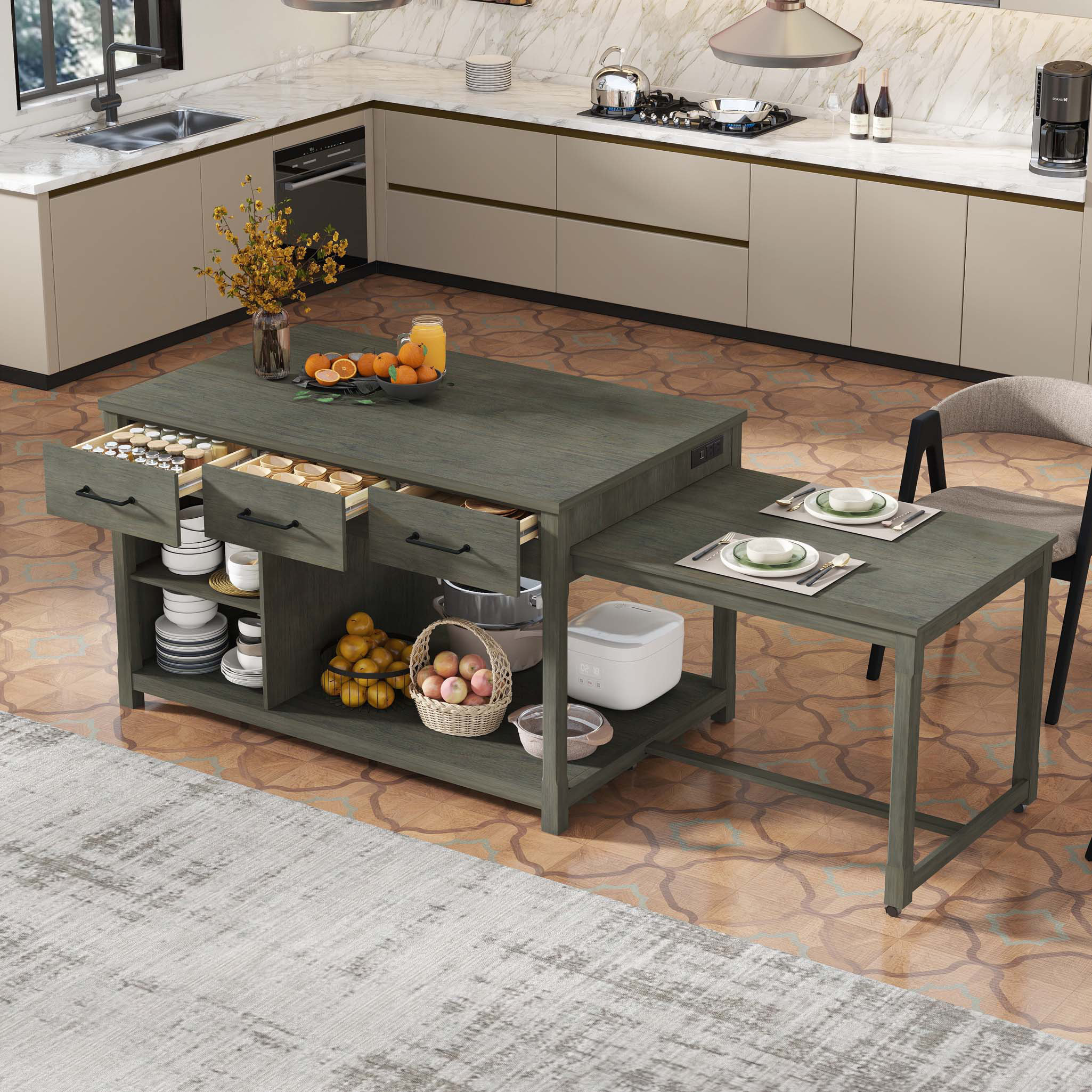 Lark Manor Extendable Kitchen Island with Storage, Multi-Functional ...
