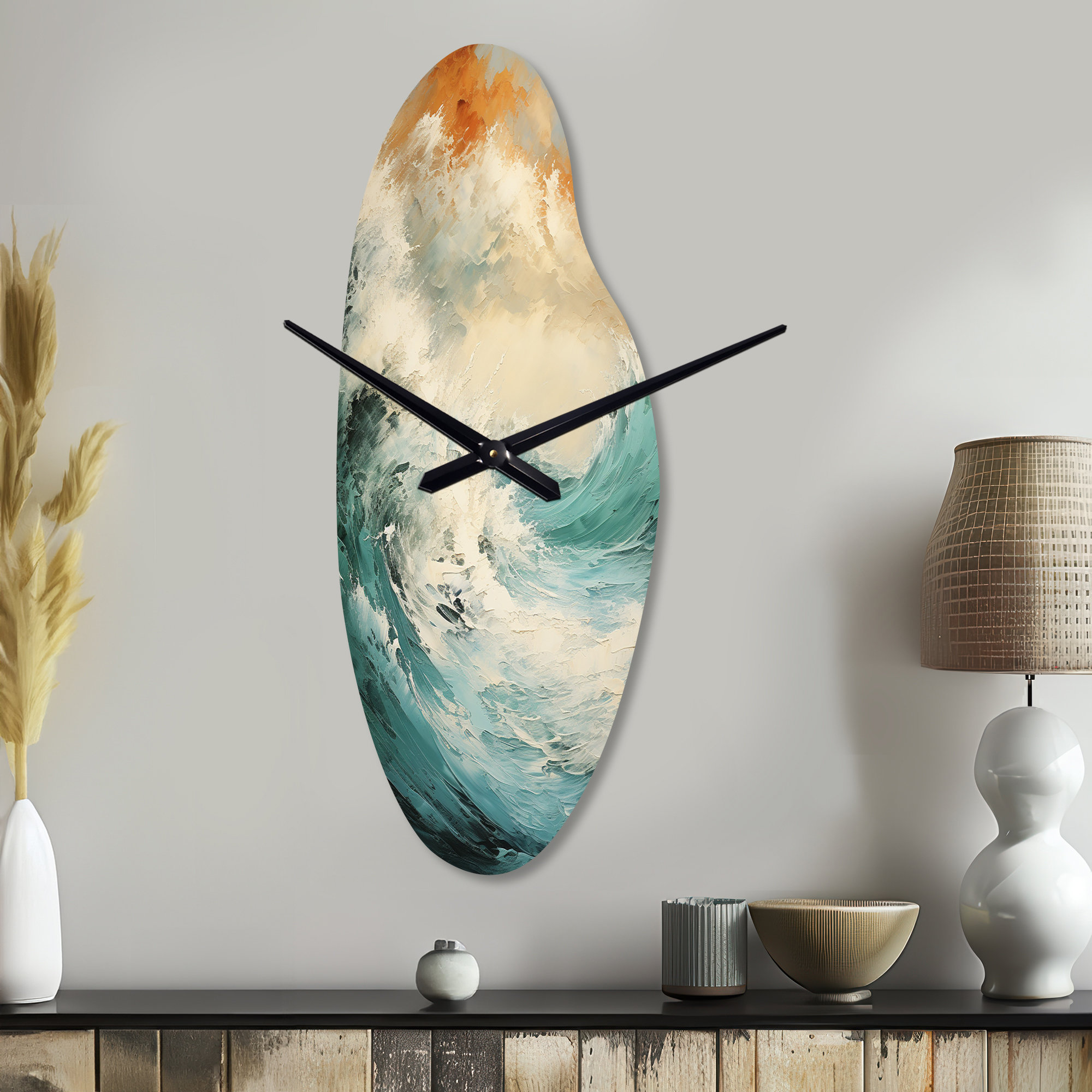 Design Art Modern Coastal Blue And Gold Wave - Curved Shape Beige Wall ...