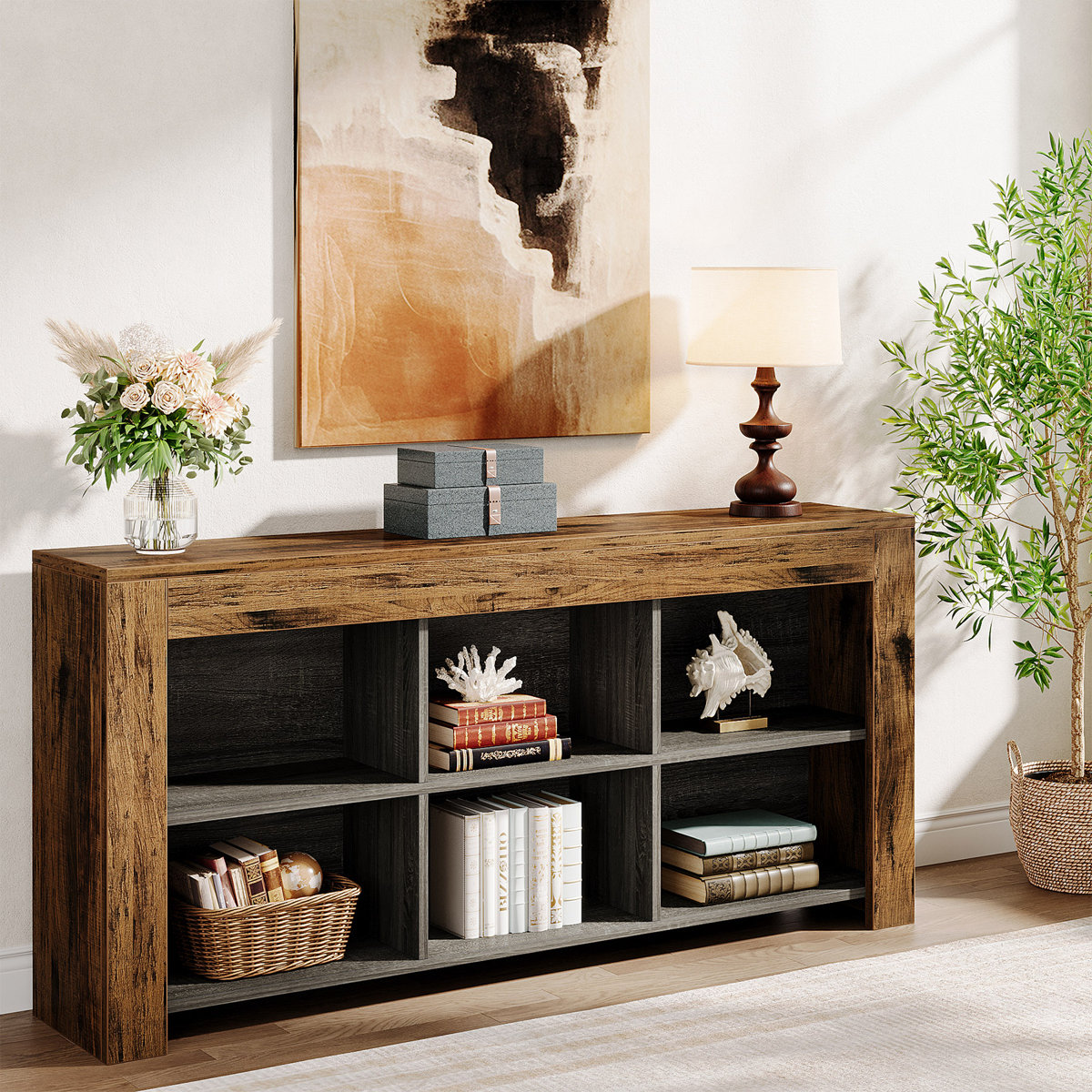 Millwood Pines Horizontal Bookcase With 6 Cubes Storage Organizer ...