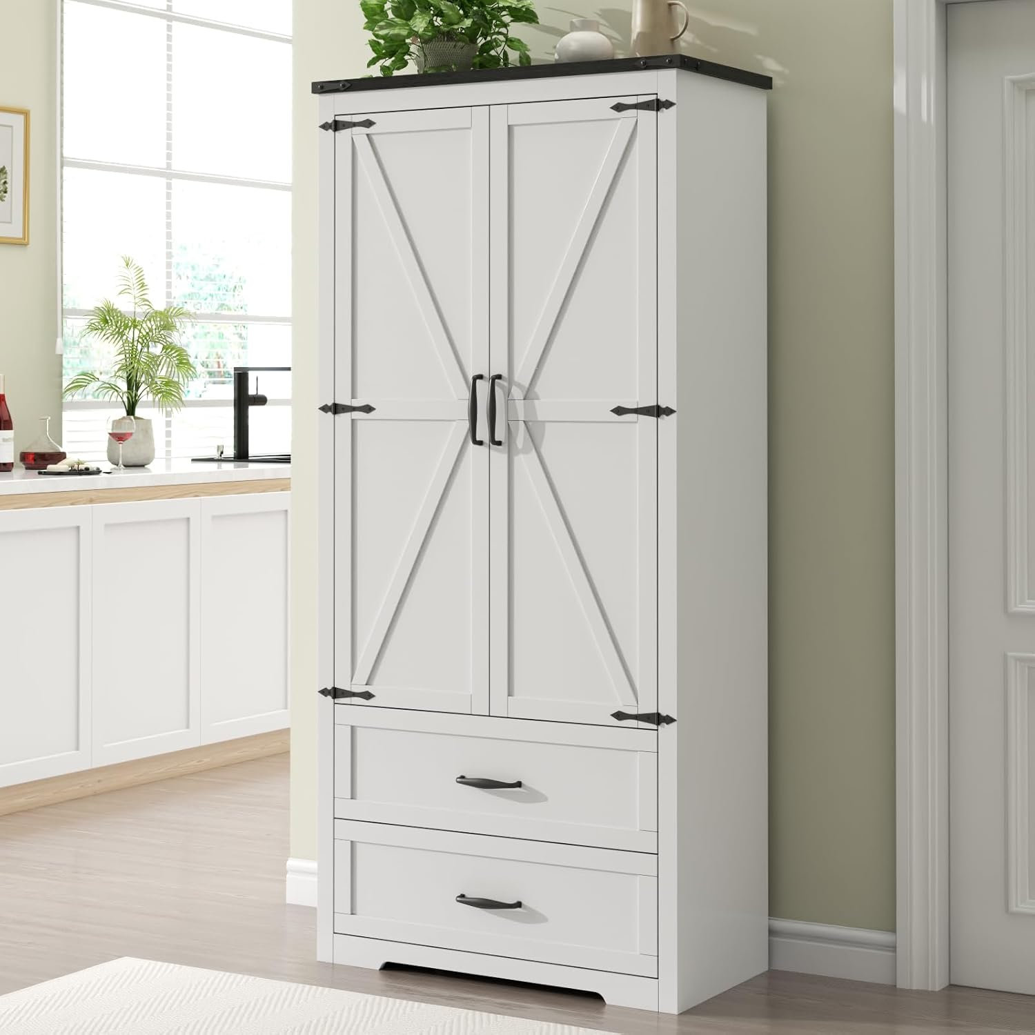 Gracie Oaks 71" Tall Farmhouse Kitchen Pantry with Sensor Light ...