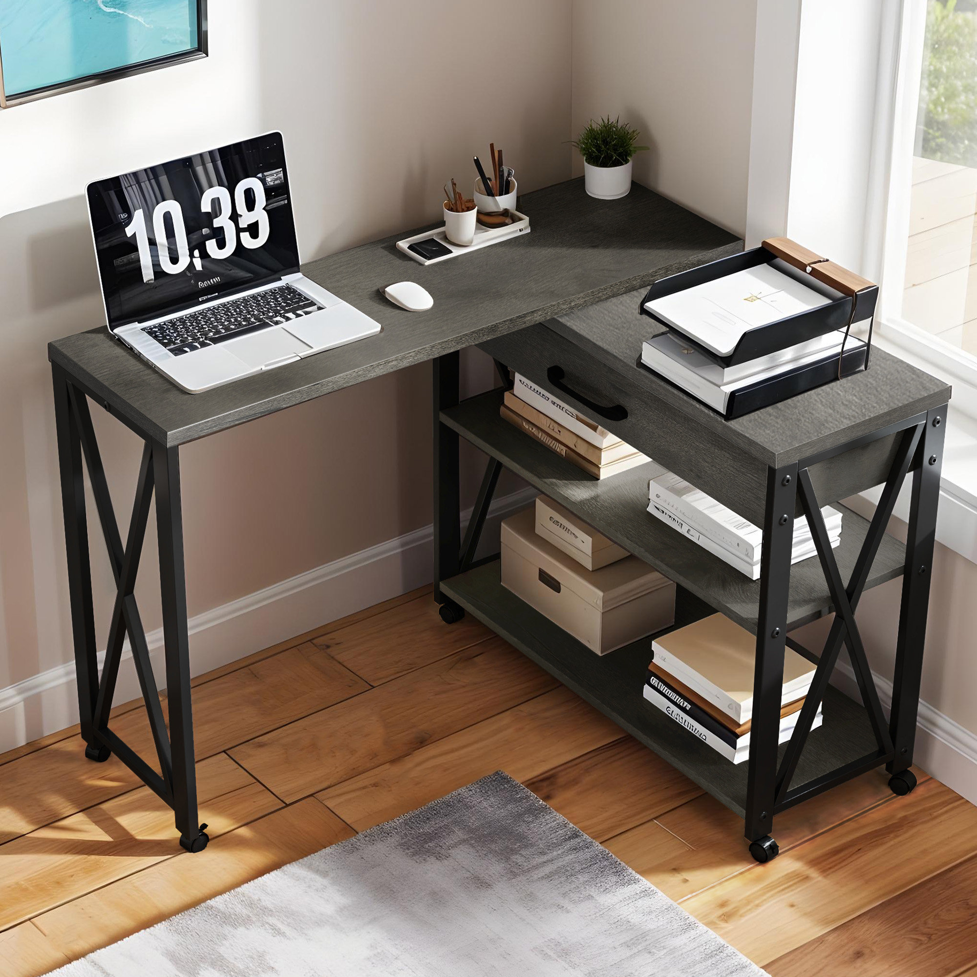 Gracie Oaks 360° Rotating L-Shaped Writing Desk with Storage - Wayfair ...