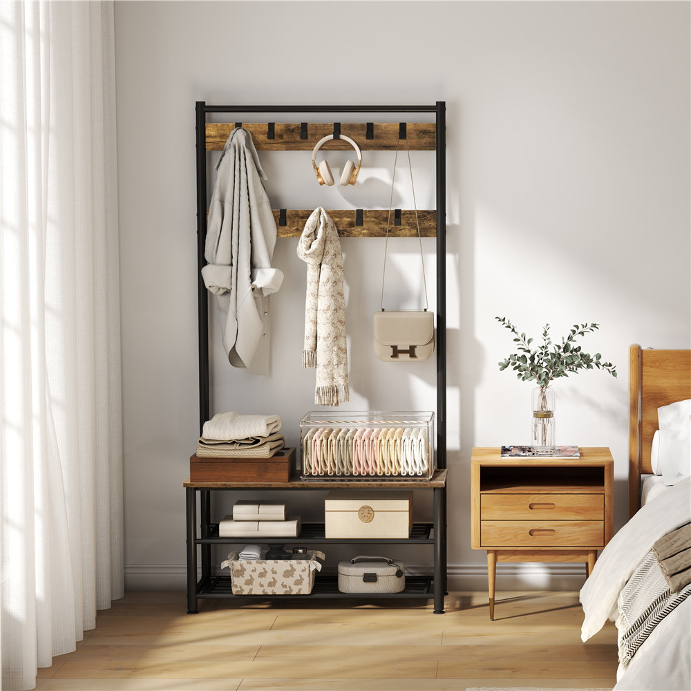 17 Stories 73” H Metal Hall Tree Entryway Coat Rack with Shoe Storage ...