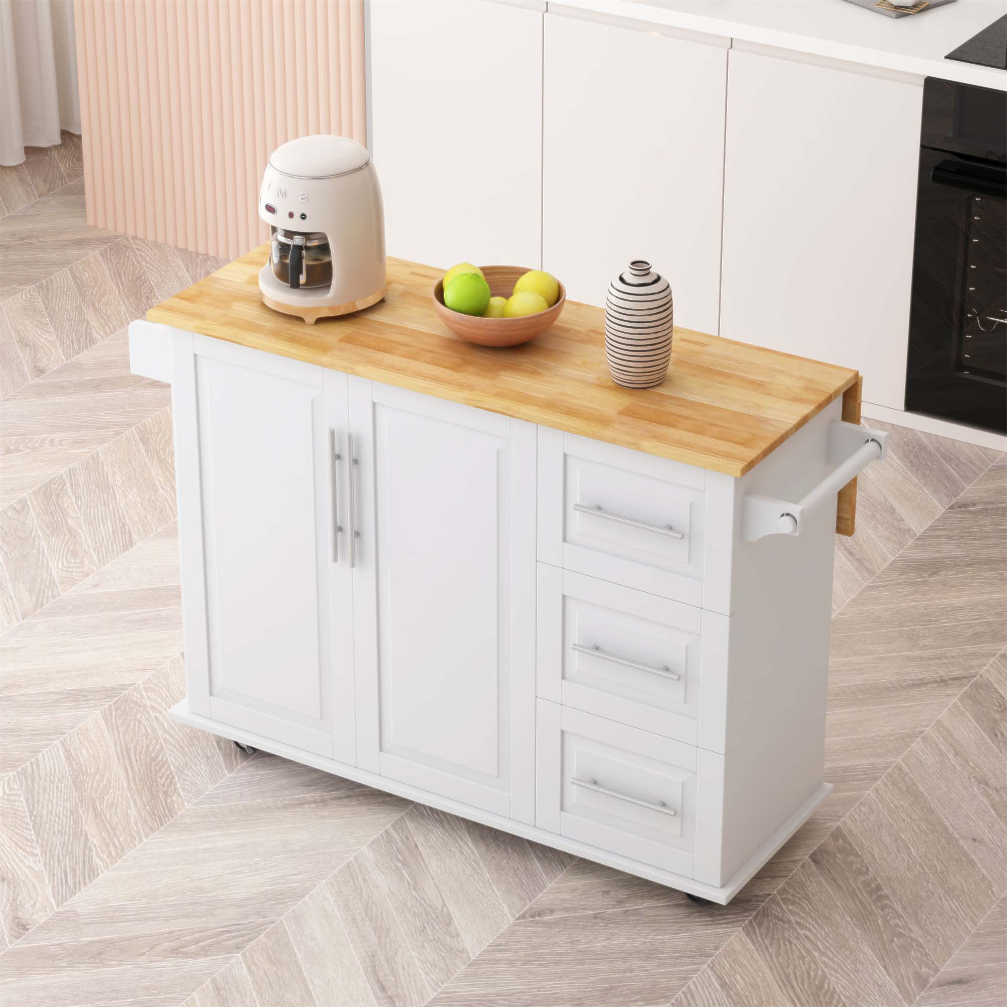 Ebern Designs Versatile Kitchen Island Cart with 2 Door Cabinet, Three ...