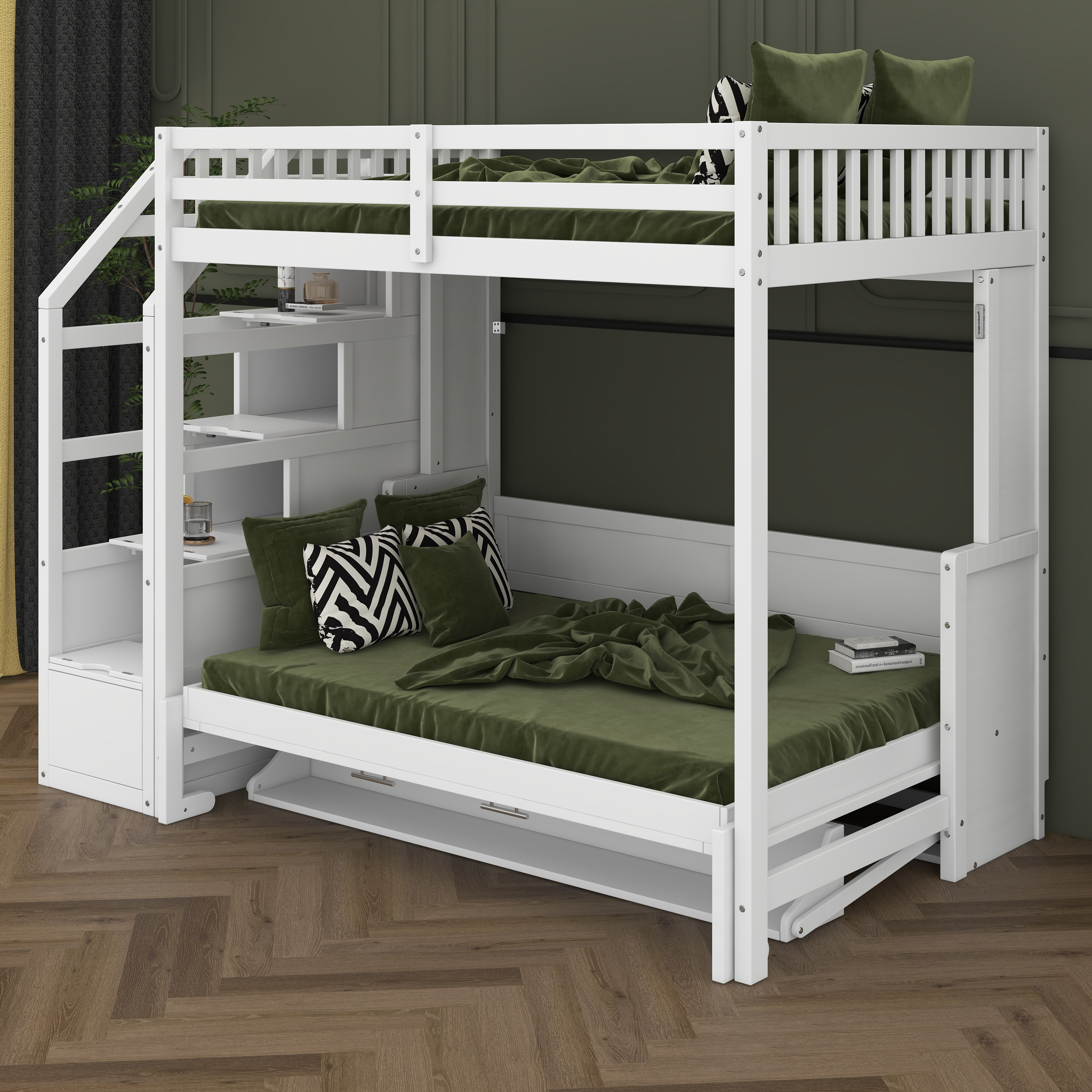 Harriet Bee Full XL Size Loft Bed With Murphy Bed, Staircase And LED ...