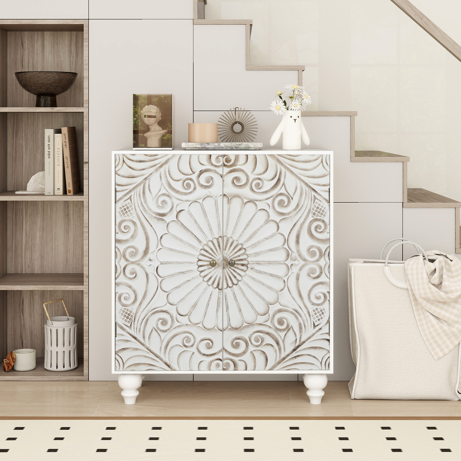 Winston Porter Small Accent Cabinet With 2 Vintage Doors, Wood Antique ...