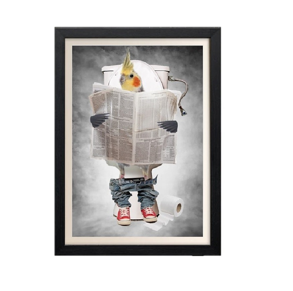 Happy Larry Cockatiel On Toilet - Funny Bathroom Print - Animal Bird ...