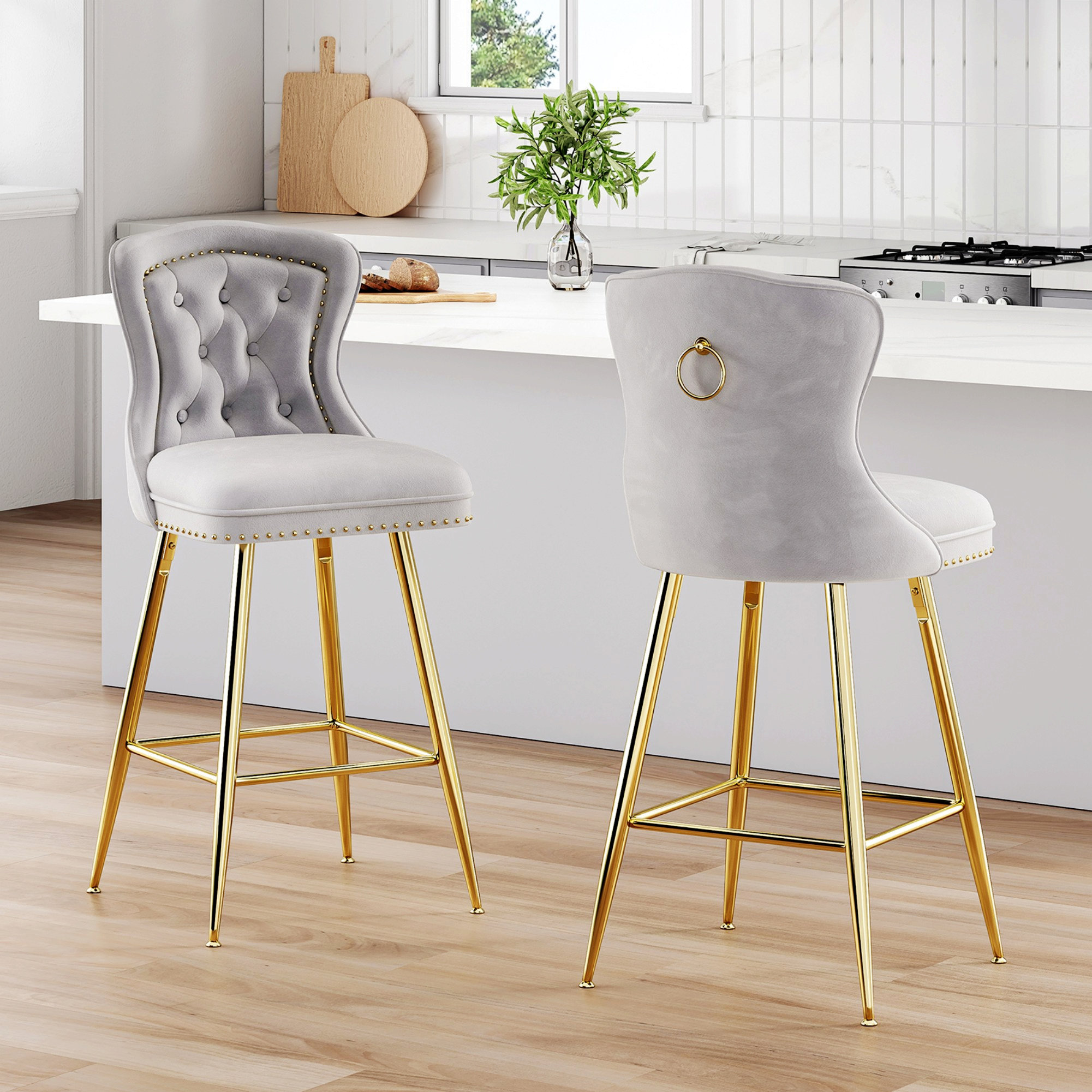 Rosdorf Park Set Of 2 Bar Stools With Button Tufted And Nailheads ...
