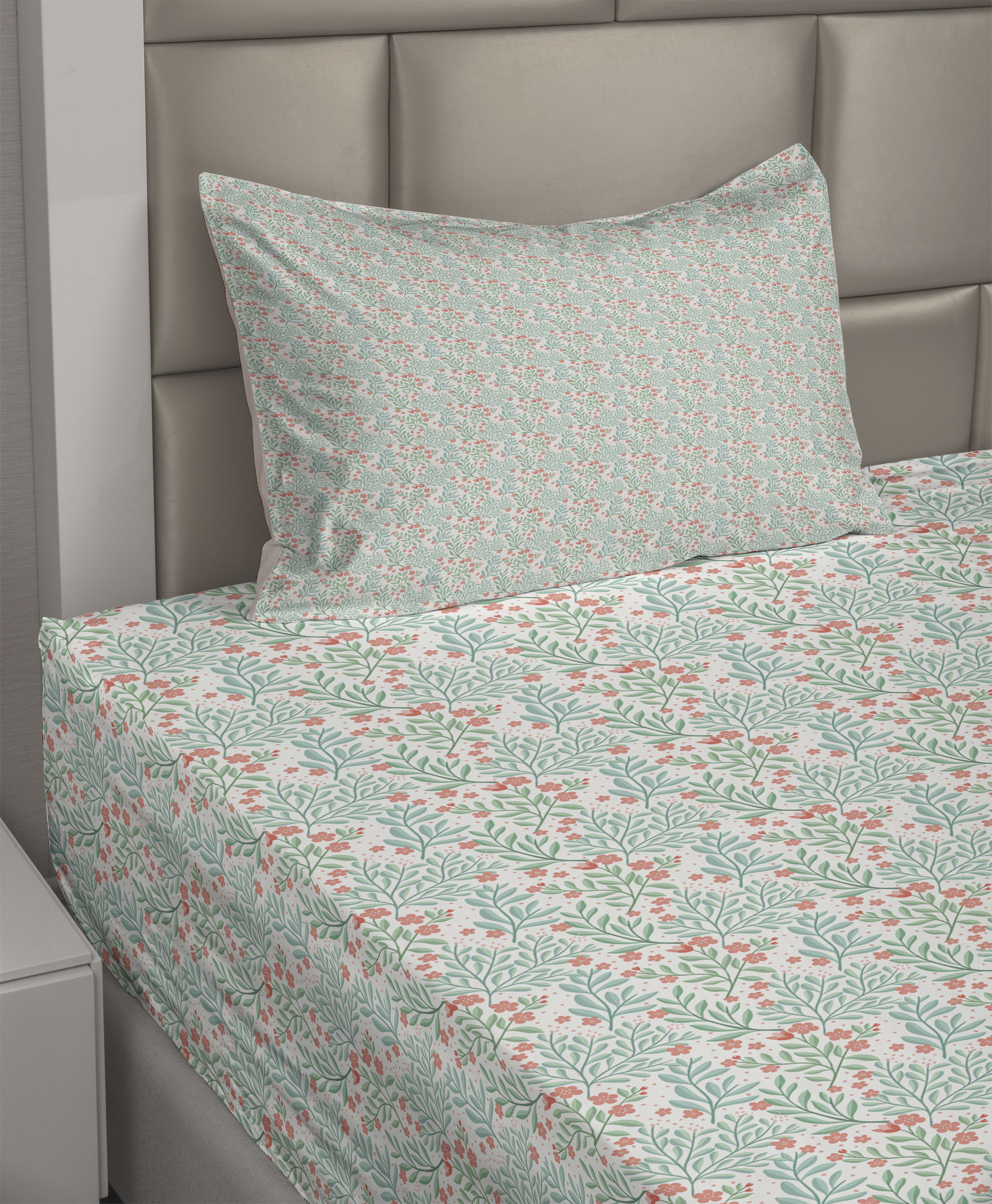 Ambesonne Floral Sheet Set Scattered Leaf Flower Plot Laurel Green and ...