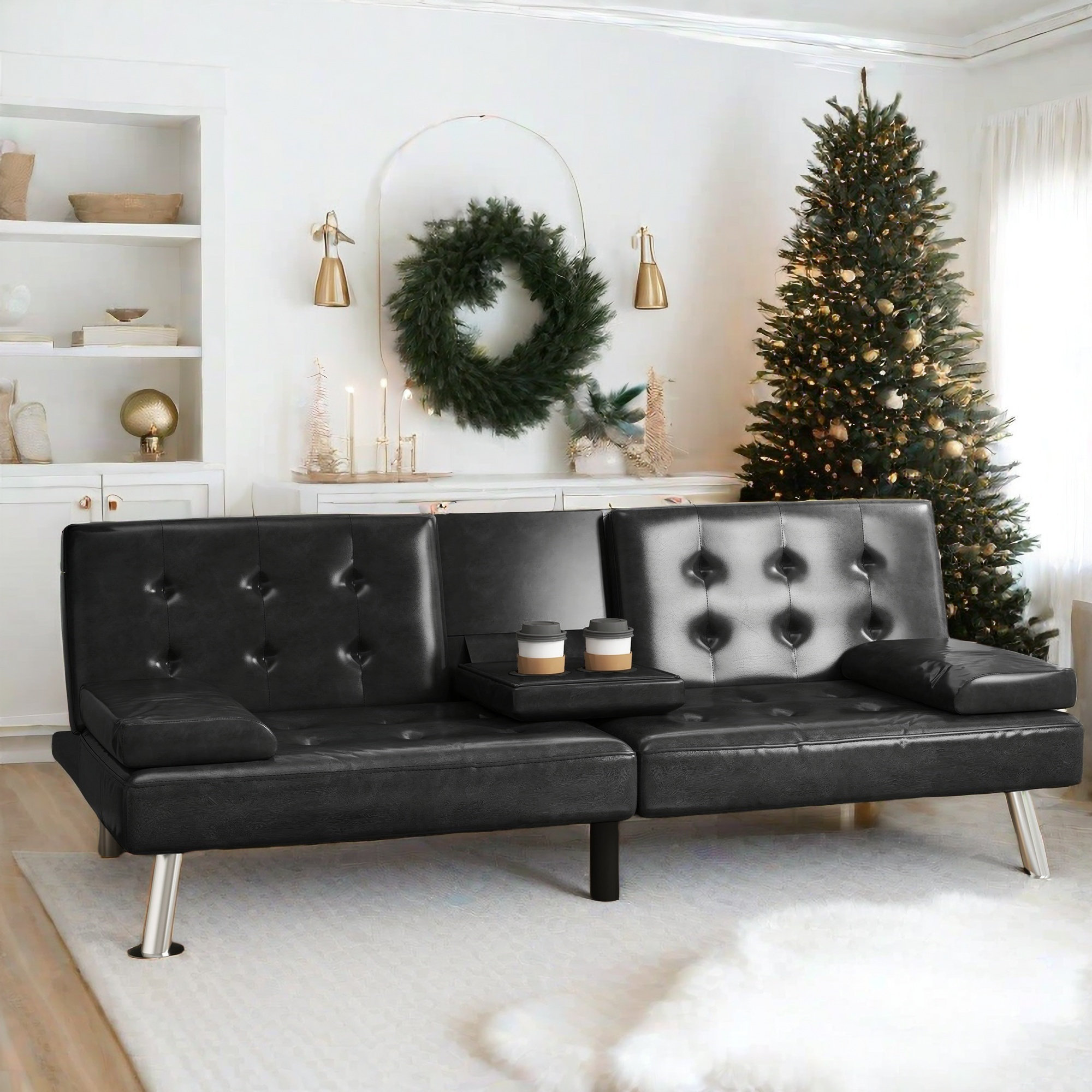 Ebern Designs Futon Sofa Bed Modern Folding Futon Set Faux Leather ...