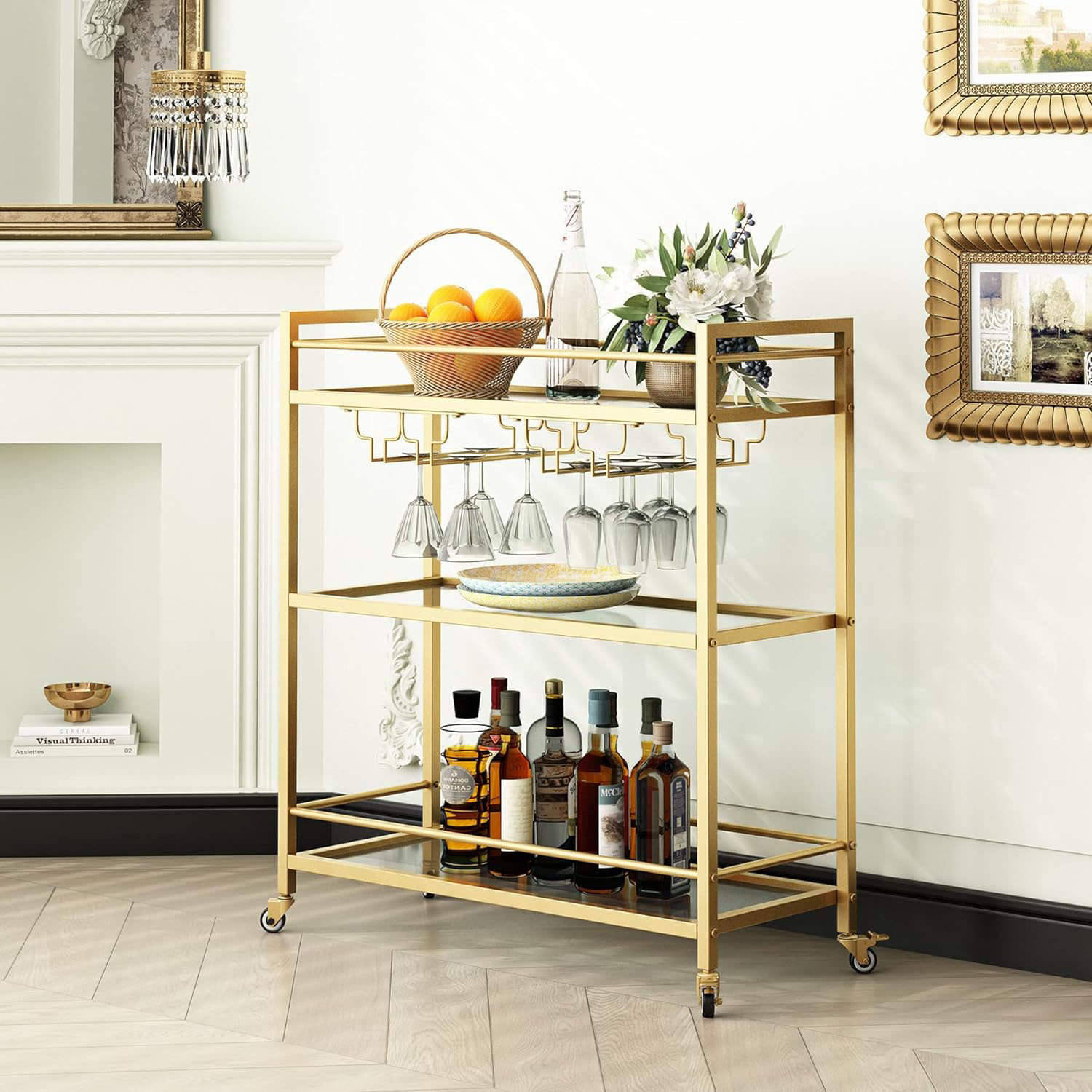 Everly Quinn Mirrored Shelves, Kitchen Bar Carts, Wine Cart For ...