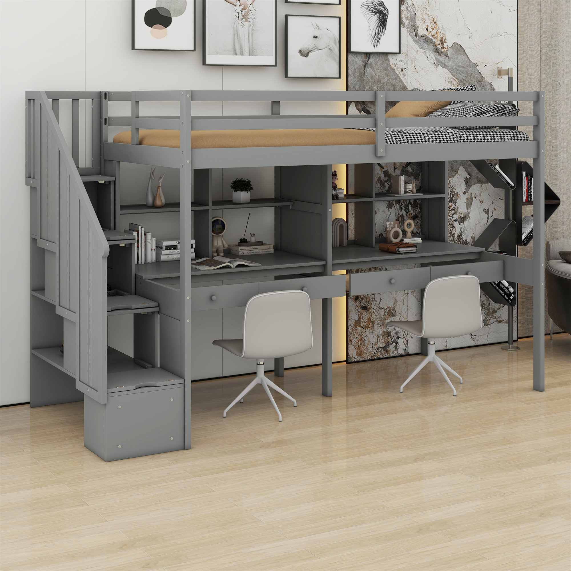 Harriet Bee Loft Bed Frame With Storage Staircase And Double Desks And ...
