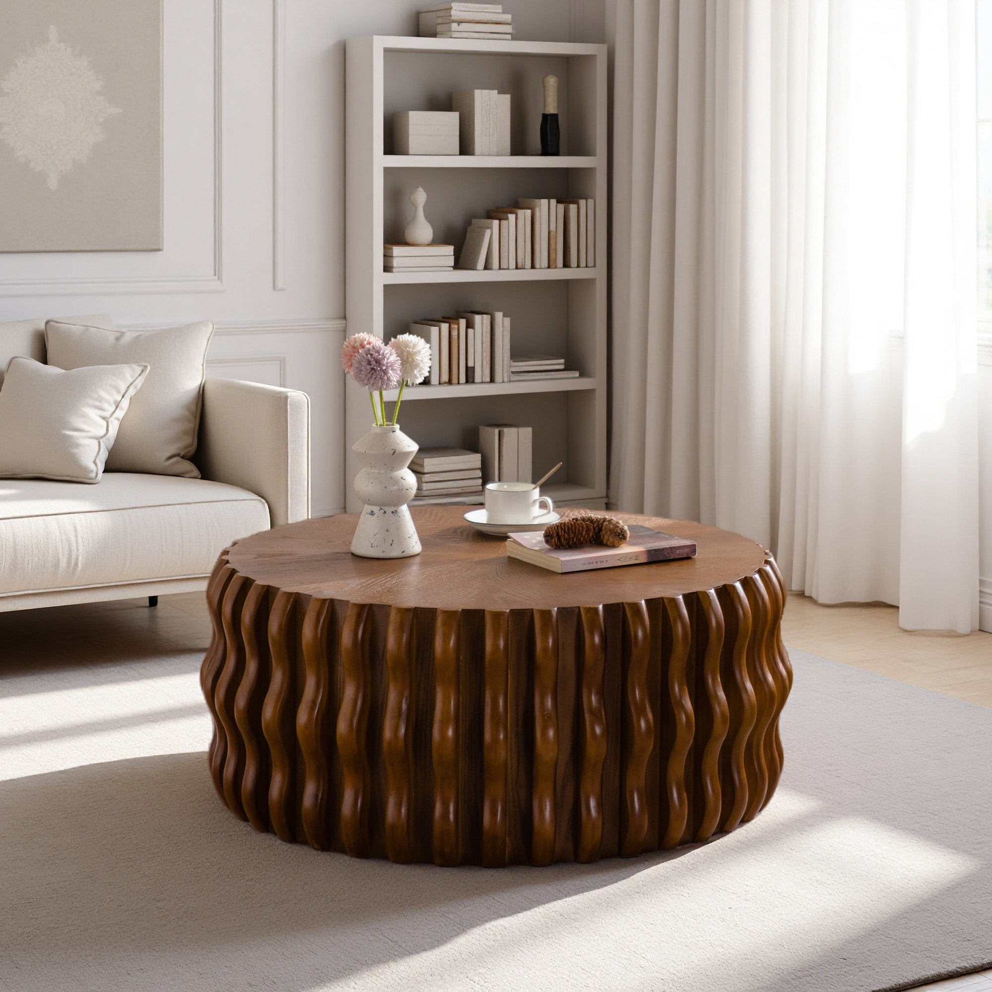 PhoebeHoliday Drum Fluted Modern Round Coffee Table, Mid Century Circle ...