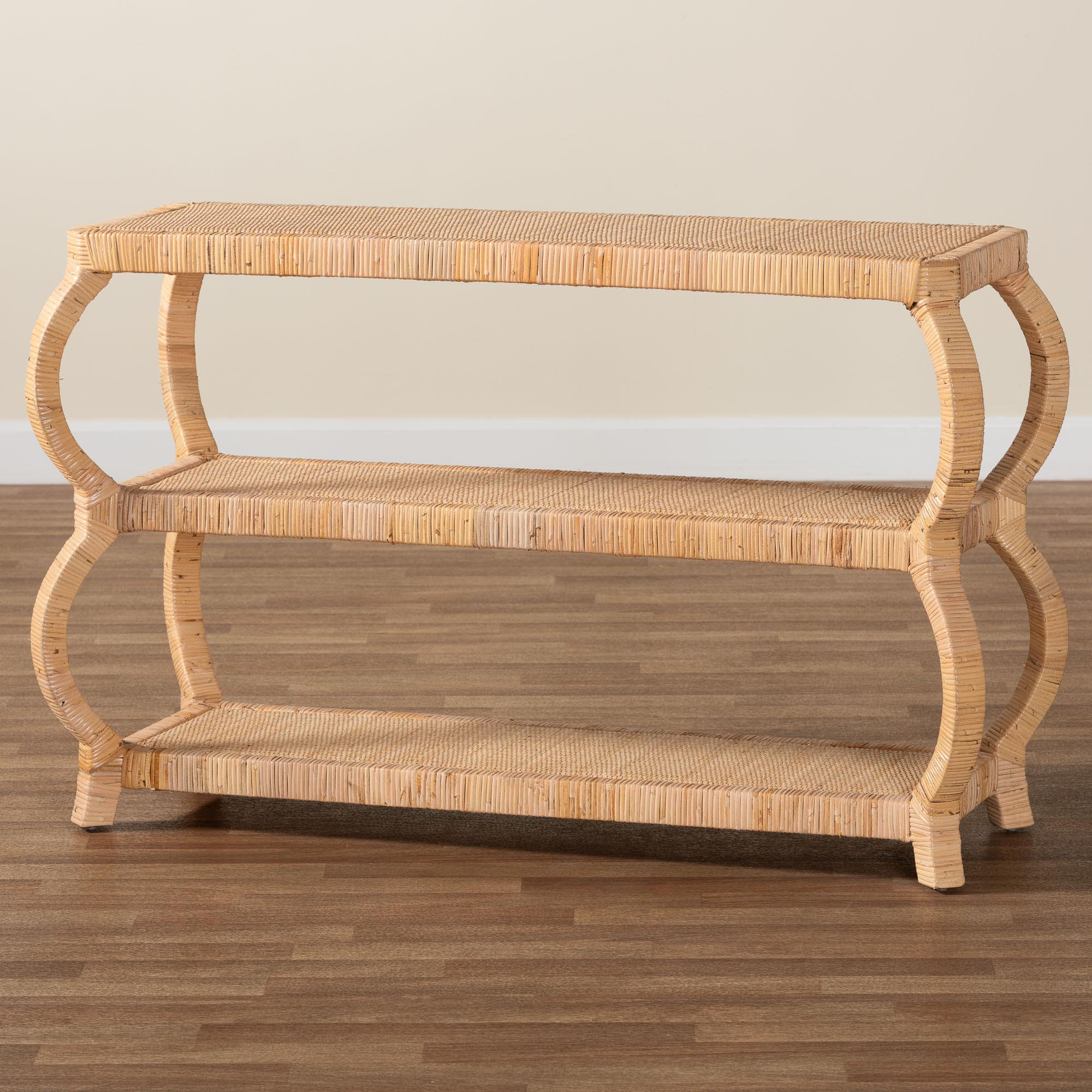 Bayou Breeze Cecely Bohemian Natural Rattan 3-Tier Console Table | Wayfair