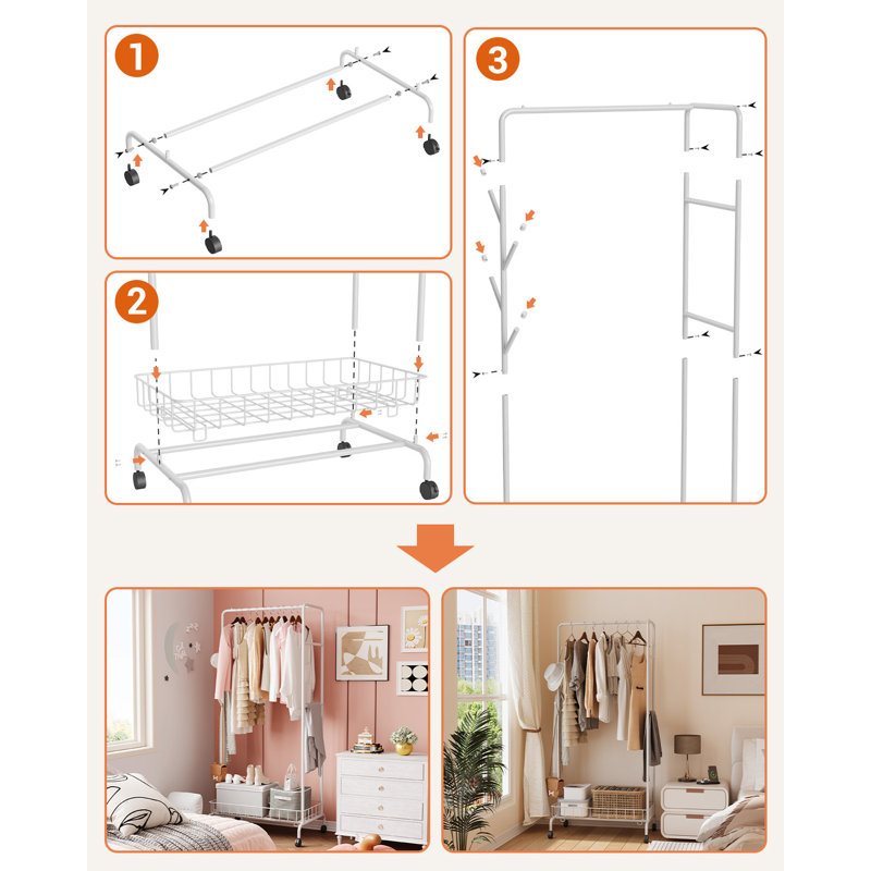 Rebrilliant Clothes Rack With Wheels, Metal Storage Basket And Side ...