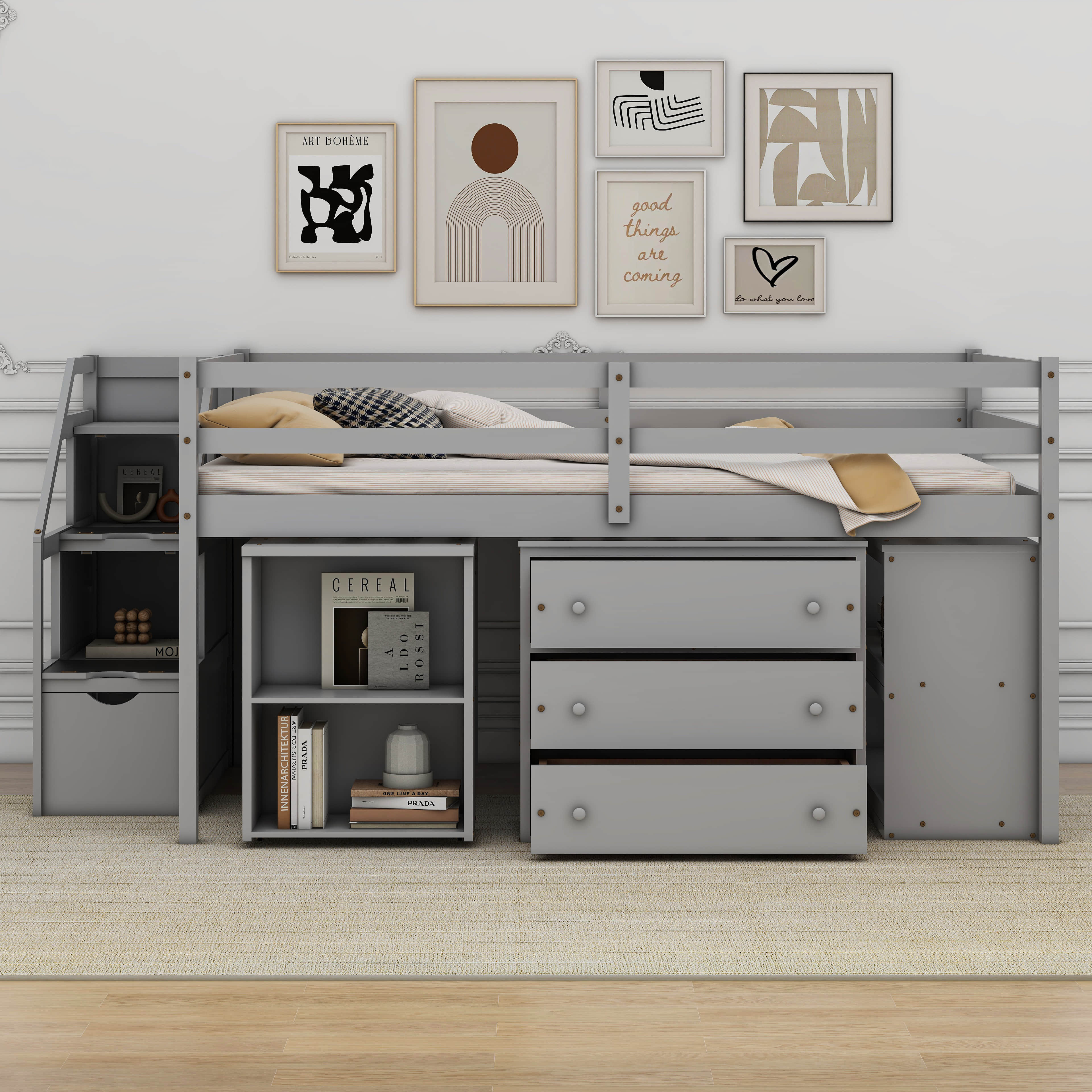 Cosmic Full Wooden Loft Bed With Retractable Writing Desk, 3 Drawers ...