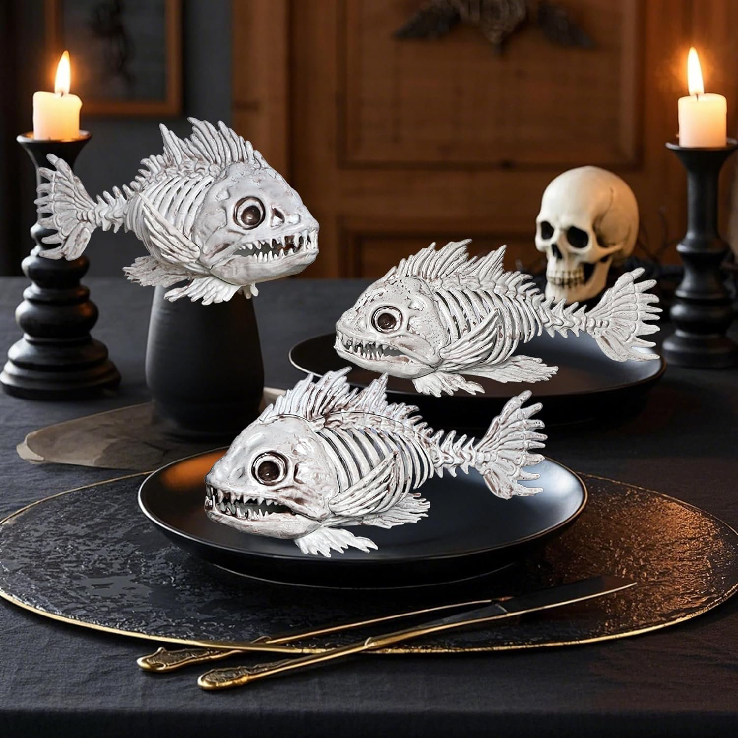 The Holiday Aisle® Spooky 3-Pack Skeleton Fish Decor - Halloween Skull ...