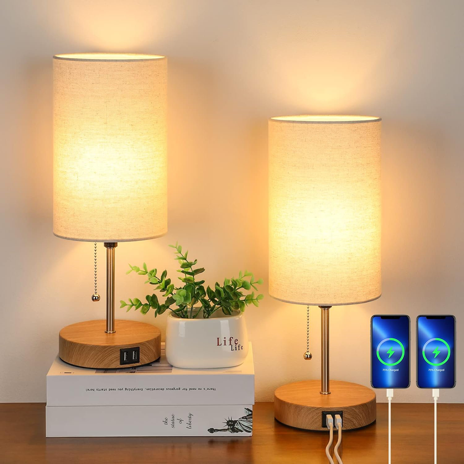Ebern Designs Set Of 2 Table Lamps With 2 USB Ports, Modern Bedside ...