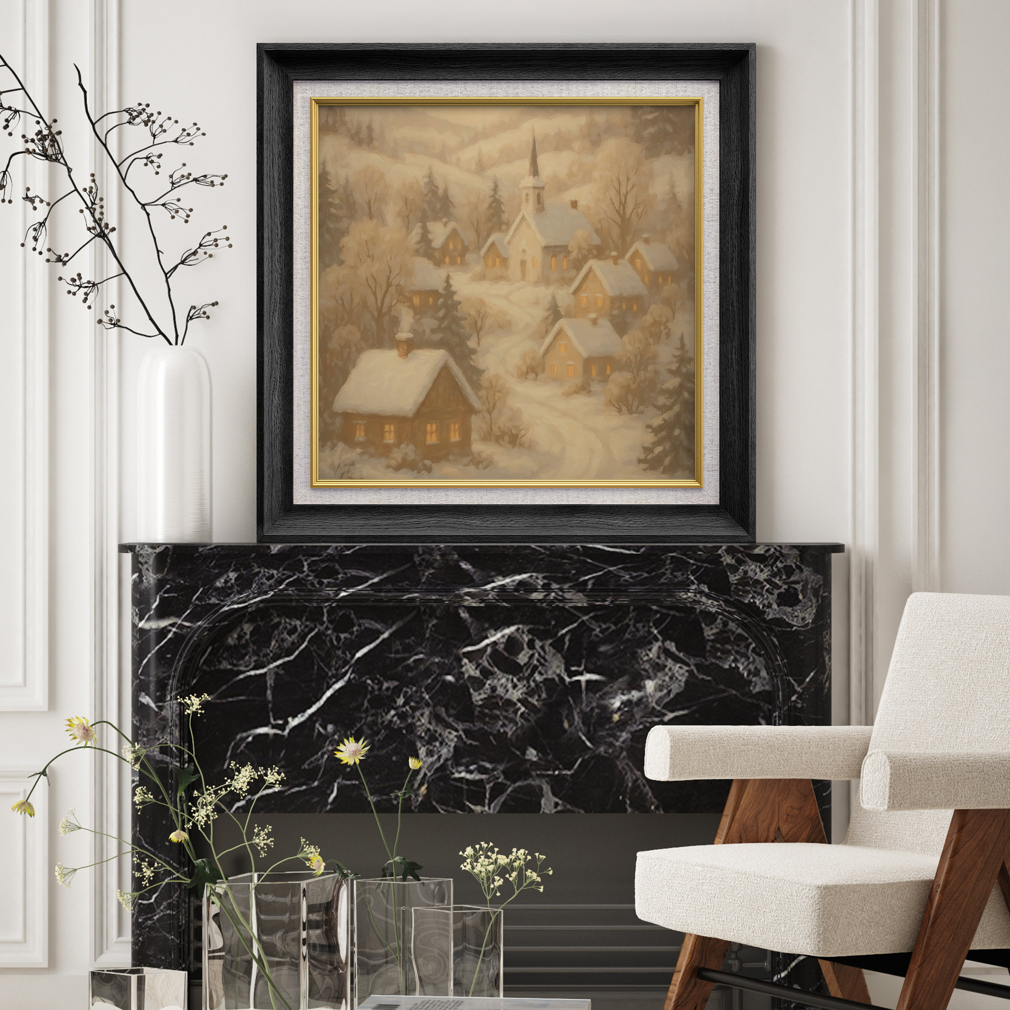 IDEA4WALL Winter Village Snowy Landscape Art - Pictures Framed Paper ...