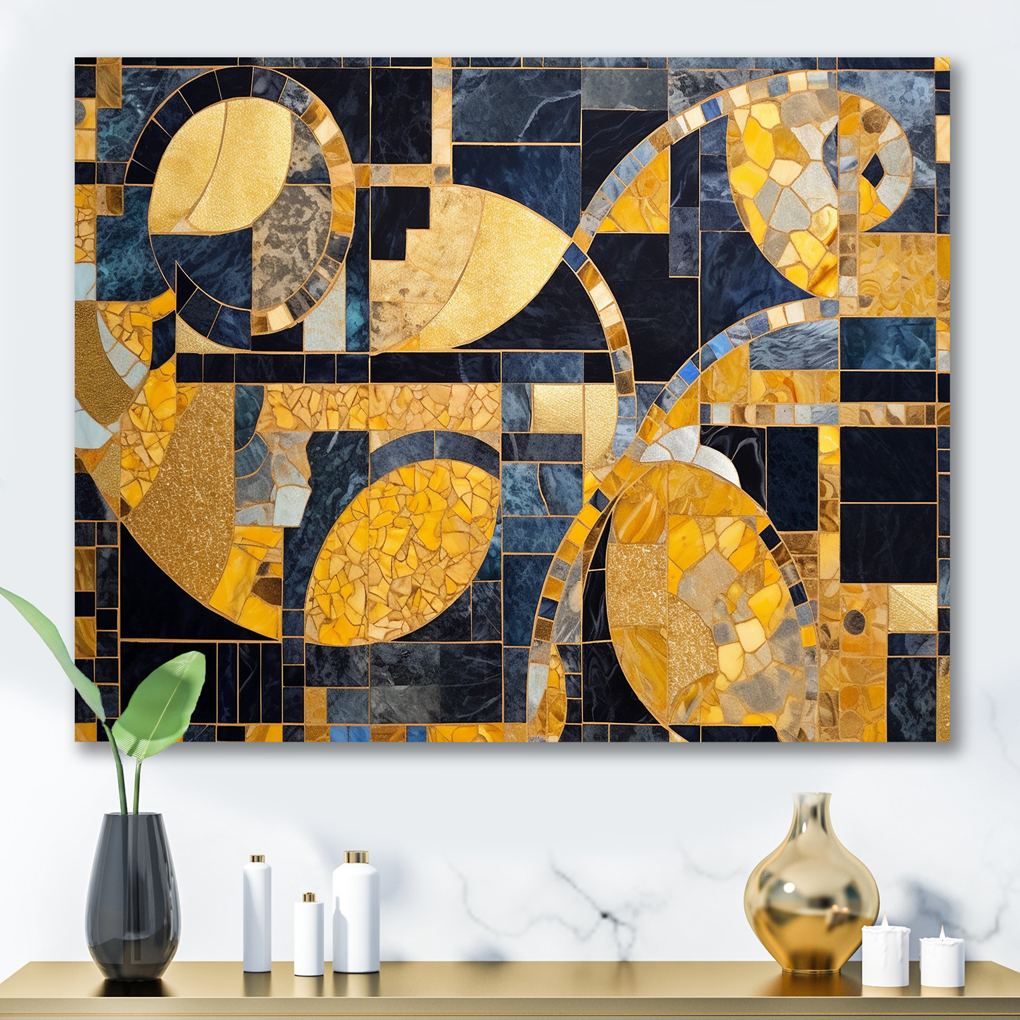 Design Art Abstract Blue And Gold Mosaic On Canvas Print | Wayfair