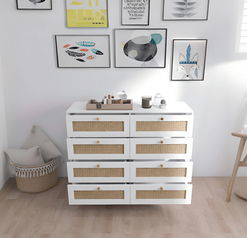 Bay Isle Home™ 8-Drawer Chest | White Finish | Rattan Woven Drawer ...